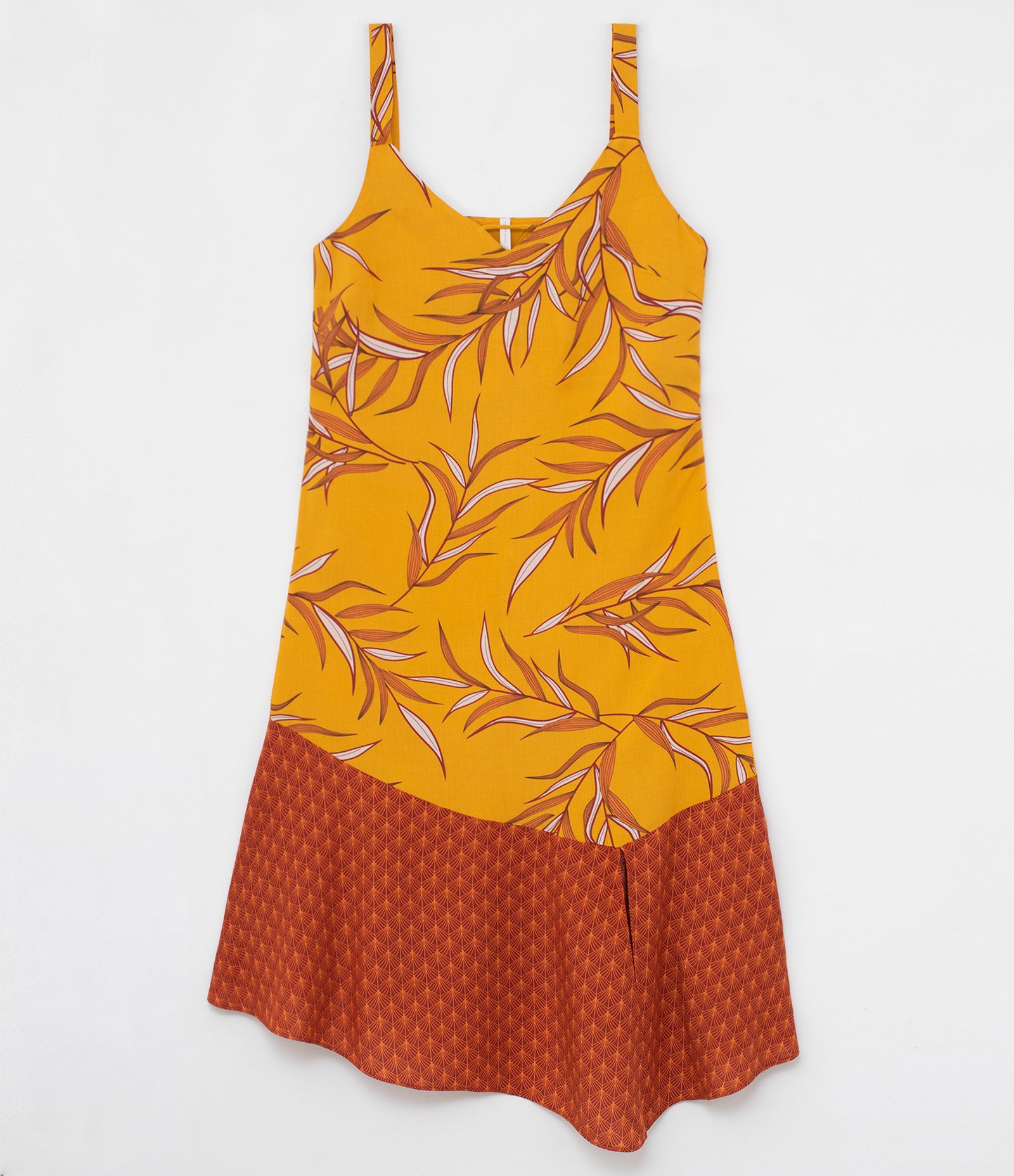 Vestido Regata Estampa Folhagem Amarelo