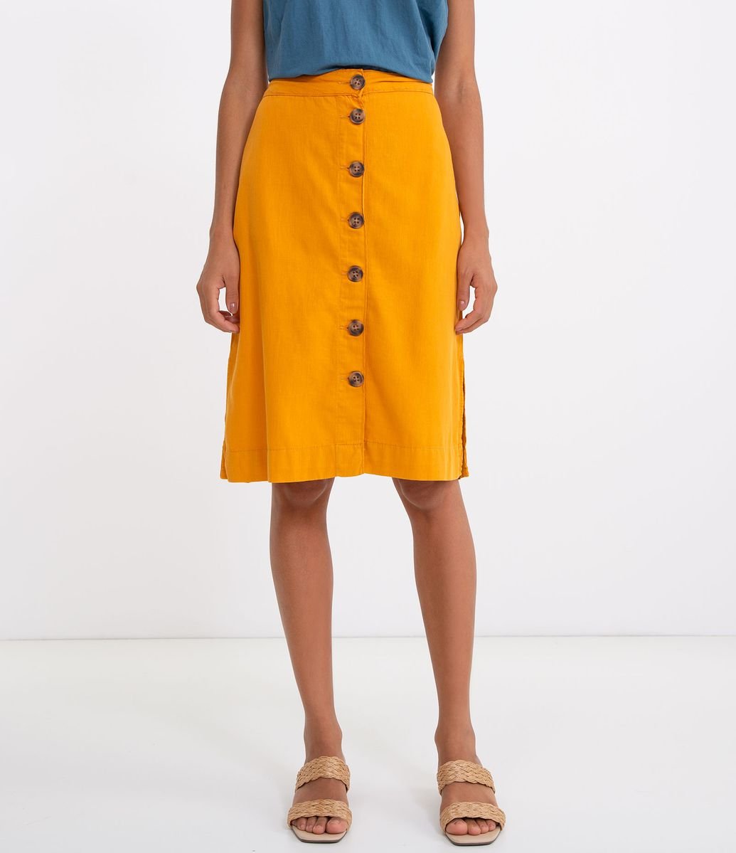 Saia Midi Reta em Sarja com Botões Marmorizados Amarelo - Renner