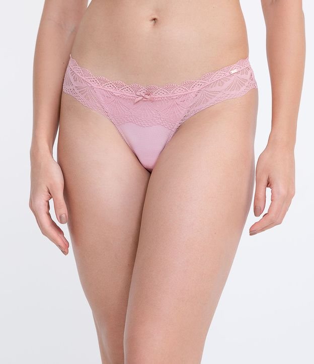 Calcinha Biquíni Fio Duplo Em Microfibra Com Renda Floral Rosa Claro