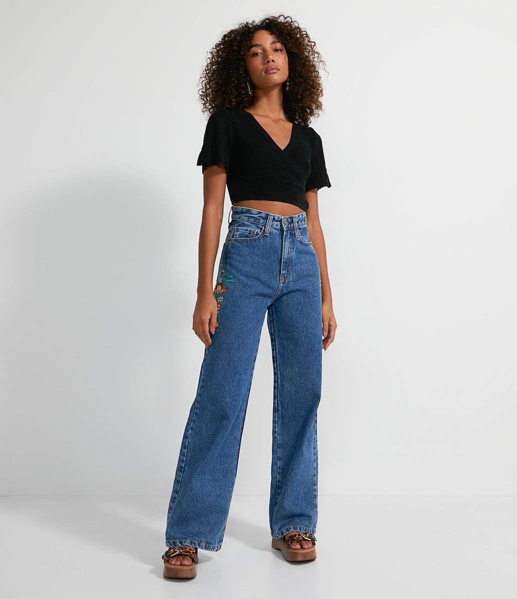 Calça Wide Leg Jeans Com Bordado Floral Nas Laterais Azul Renner