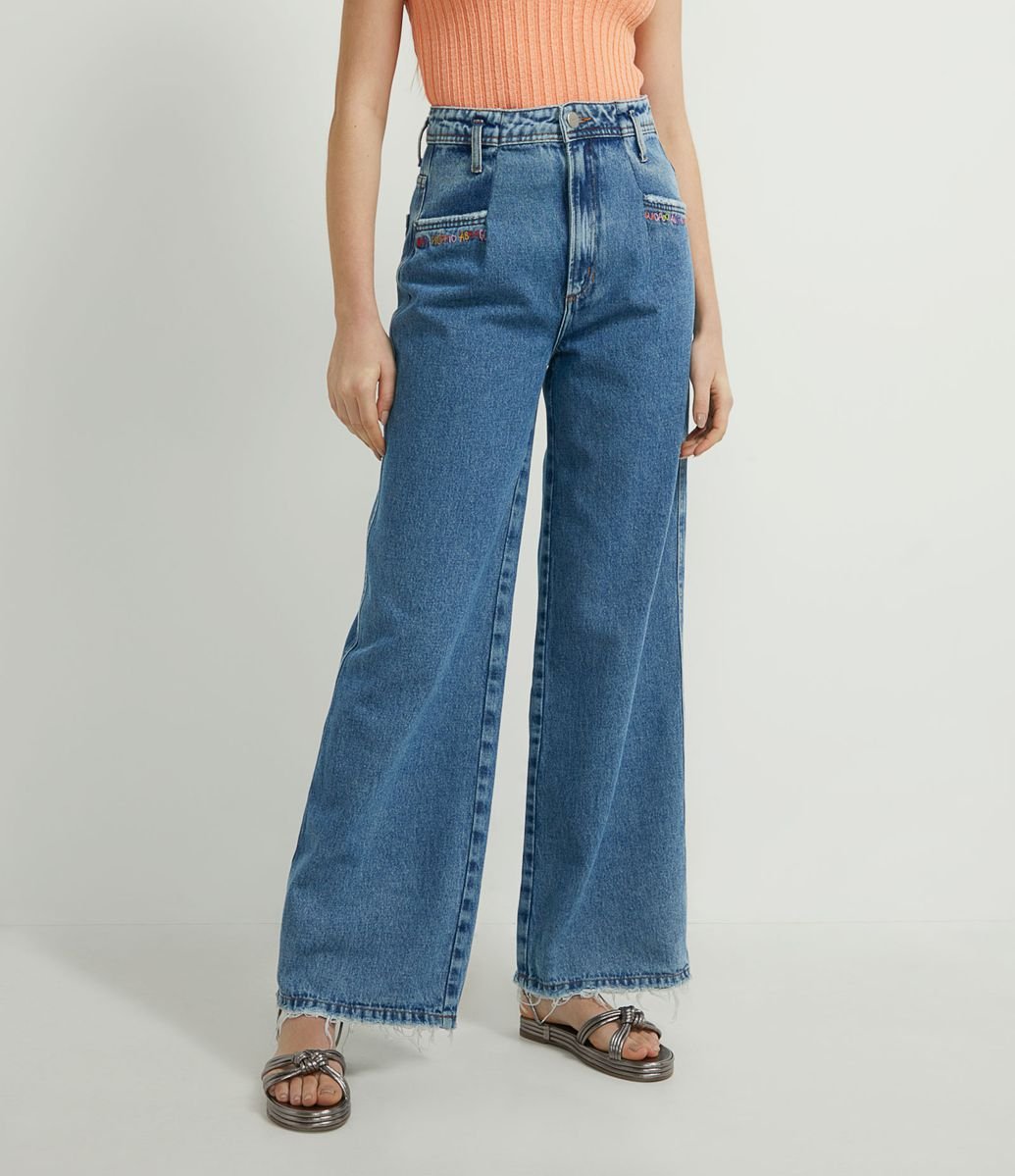 Calça Wide Leg Jeans Estampa Bordada Com Palavras De Carinho Azul Renner