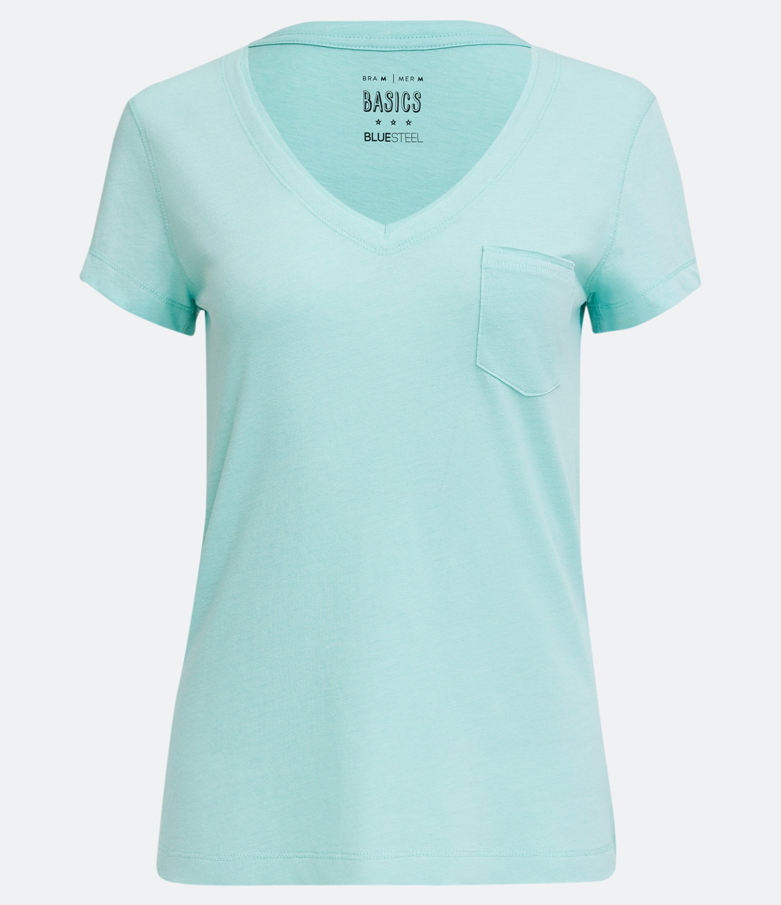 Blusa Básica em Algodão com Manga Curta e Bolsinho Azul Claro