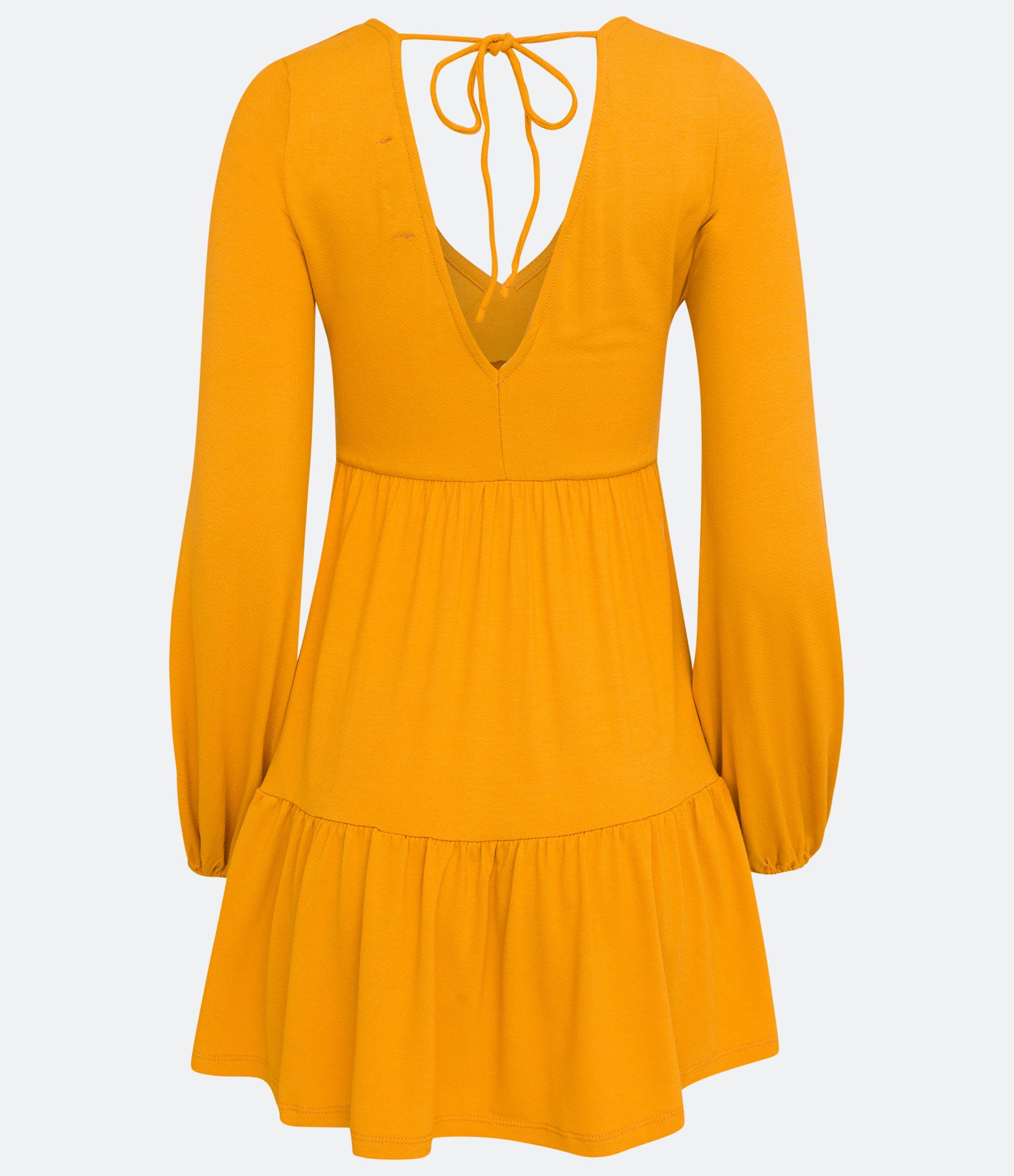 Vestido Curto em Malha Crepe com Manga Longa e Decote V Amarelo