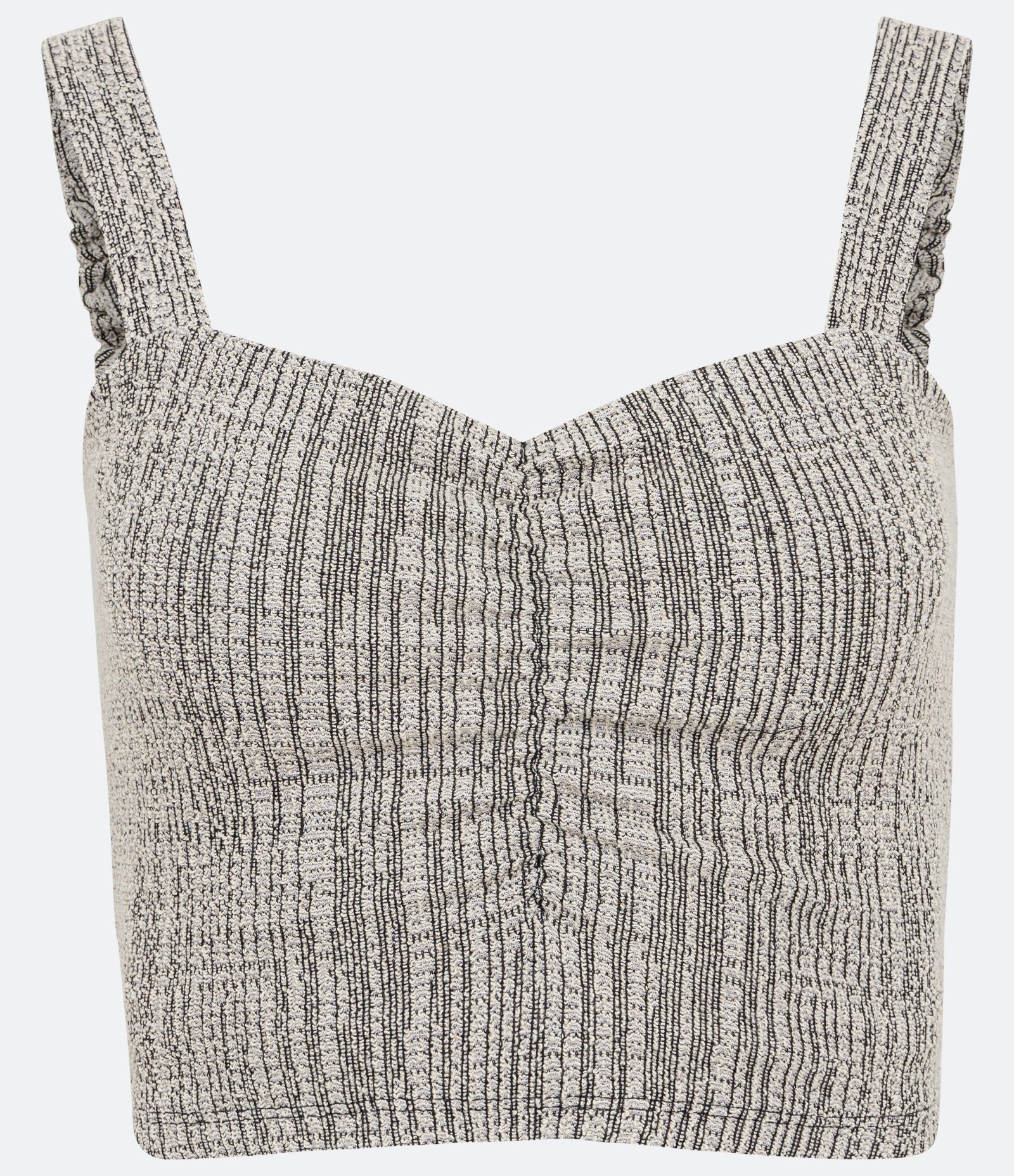 Blusa Regata Cropped em Tweed com Decote Coração Cinza