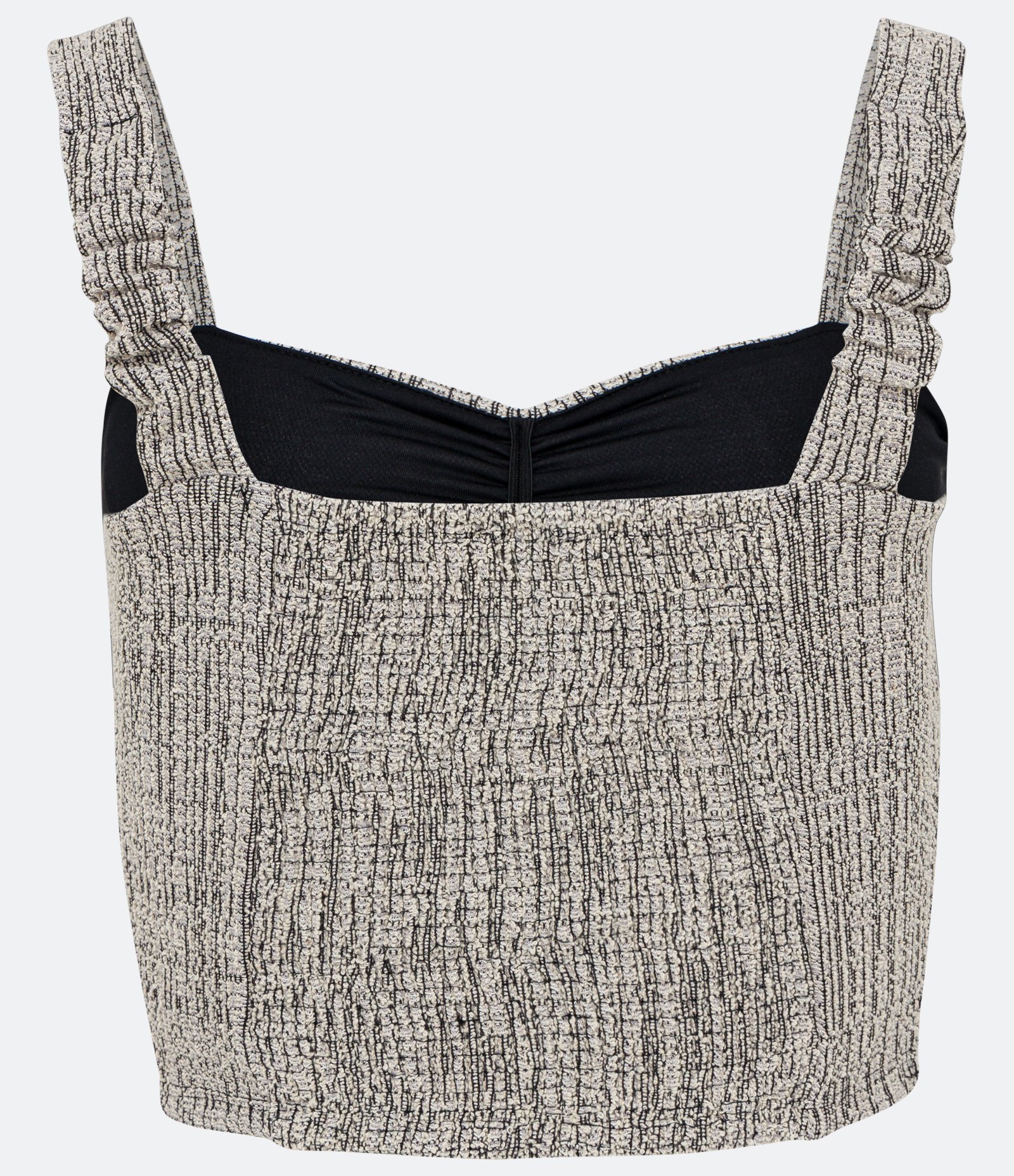 Blusa Regata Cropped em Tweed com Decote Coração Cinza