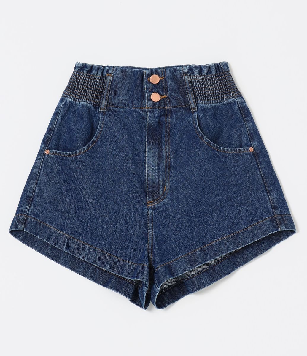 Short Baggy Jeans com Cintura Alta e Cós Elástico Azul - Renner