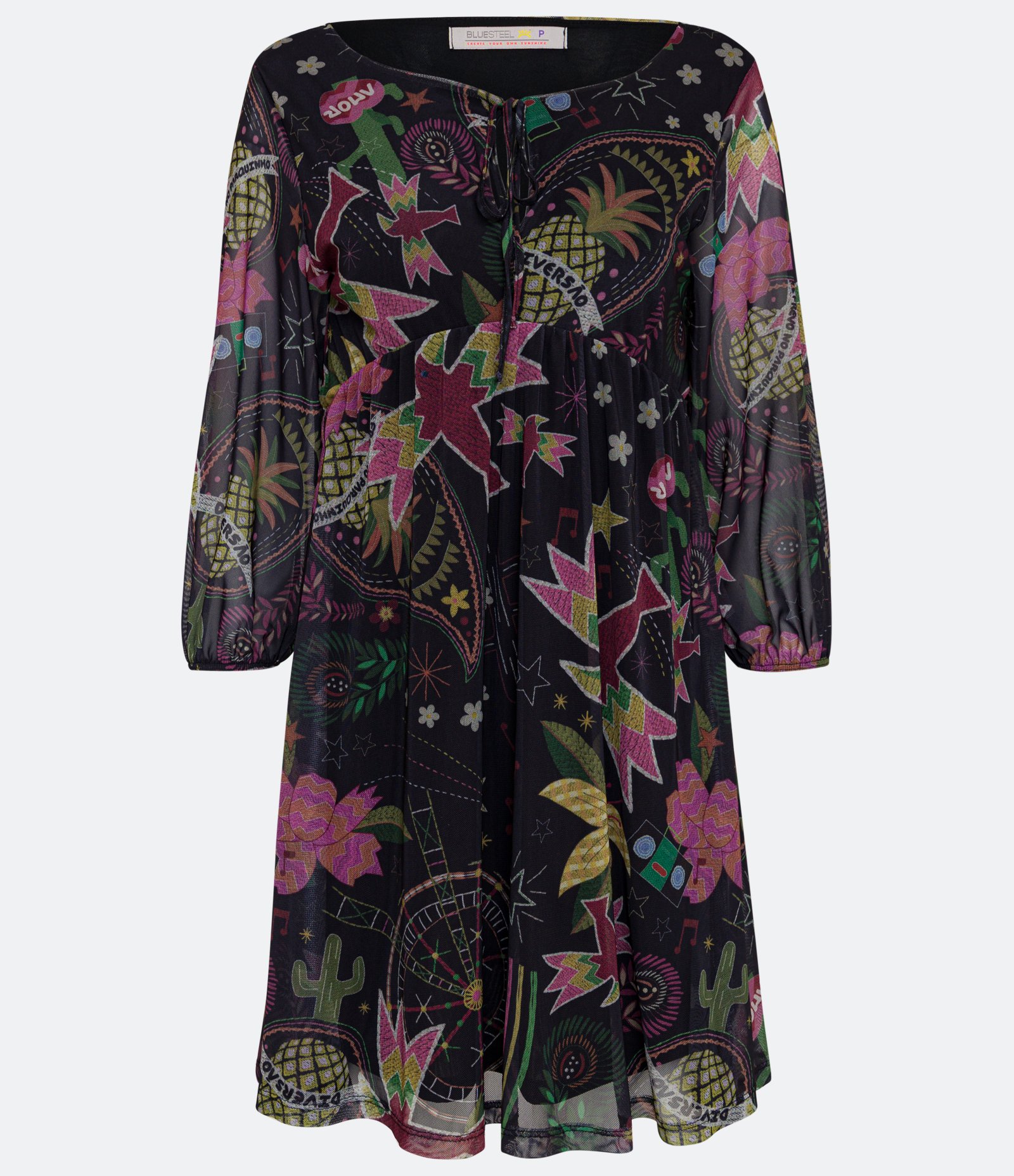 Vestido Curto Estampado com Amarração no Decote e Manga 3/4 Preto