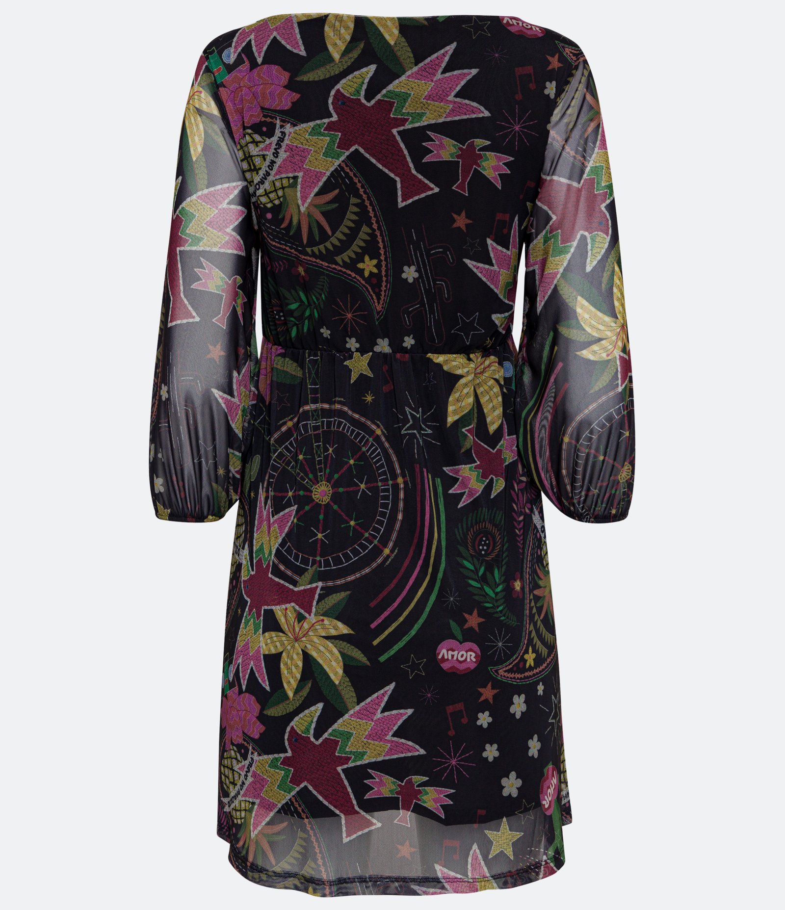 Vestido Curto Estampado com Amarração no Decote e Manga 3/4 Preto