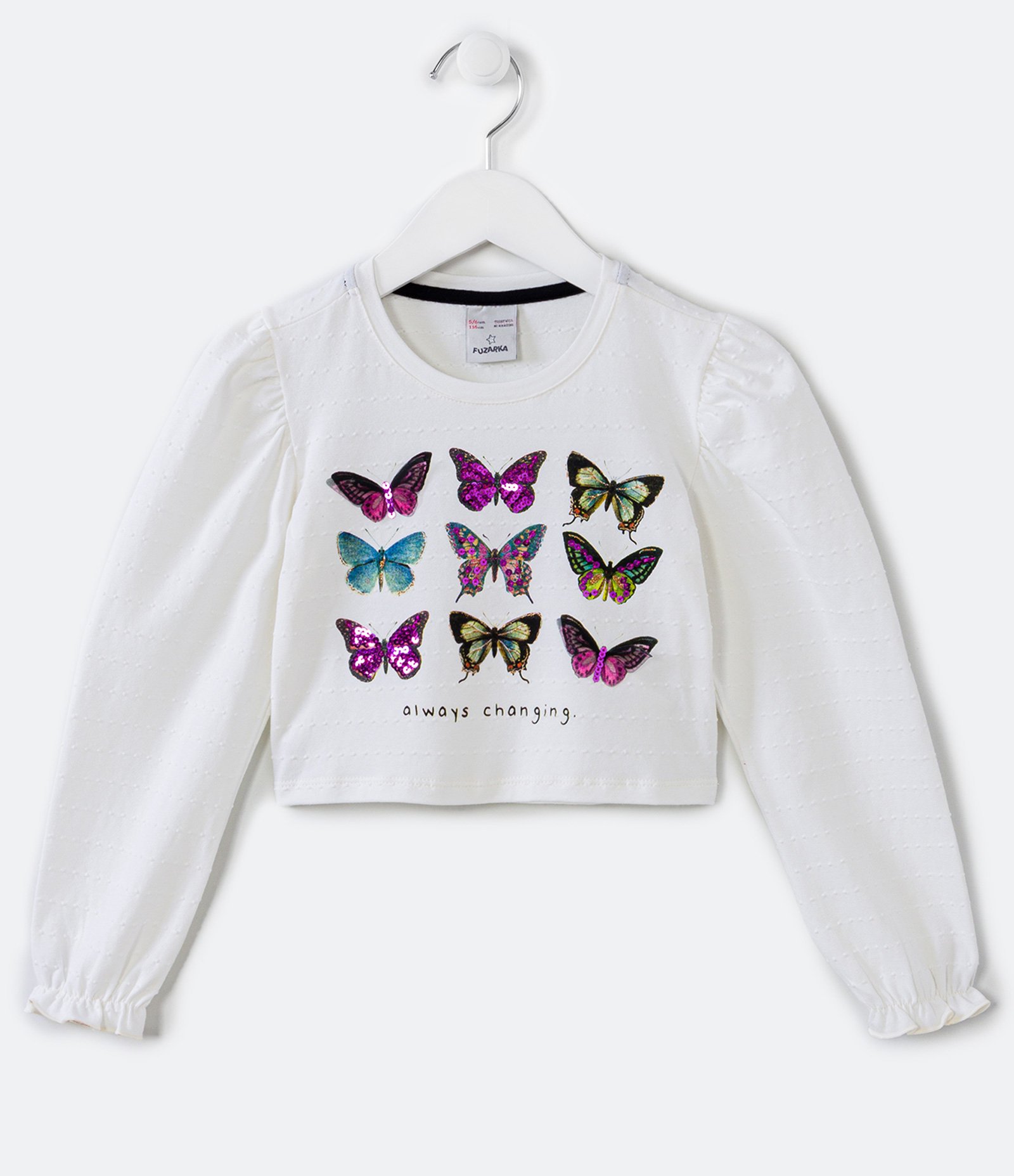 Blusa Manga Longa com Estampa de Borborletinhas e Lettering Branco