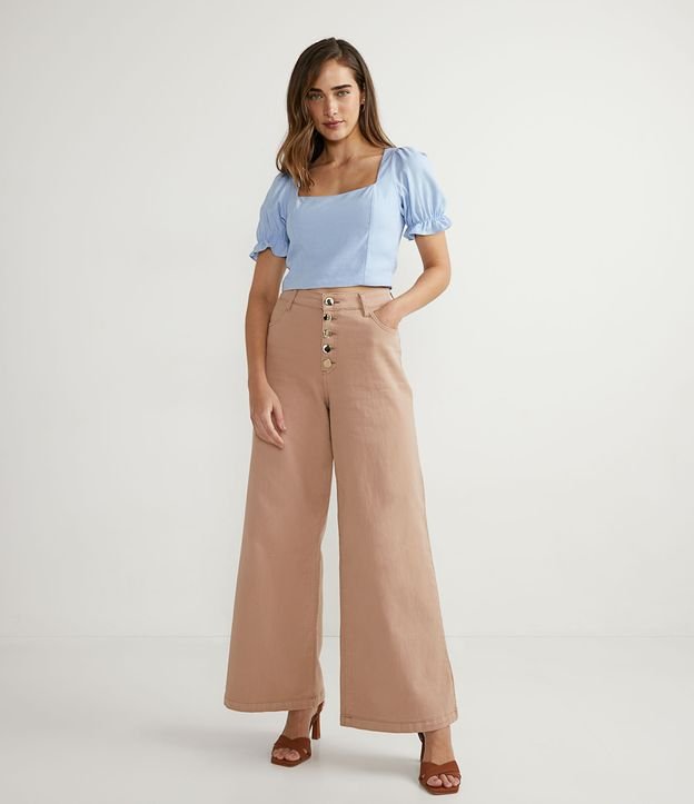 Blusa Em Linho Com Manga Curta E Amarração Nas Costas Azul