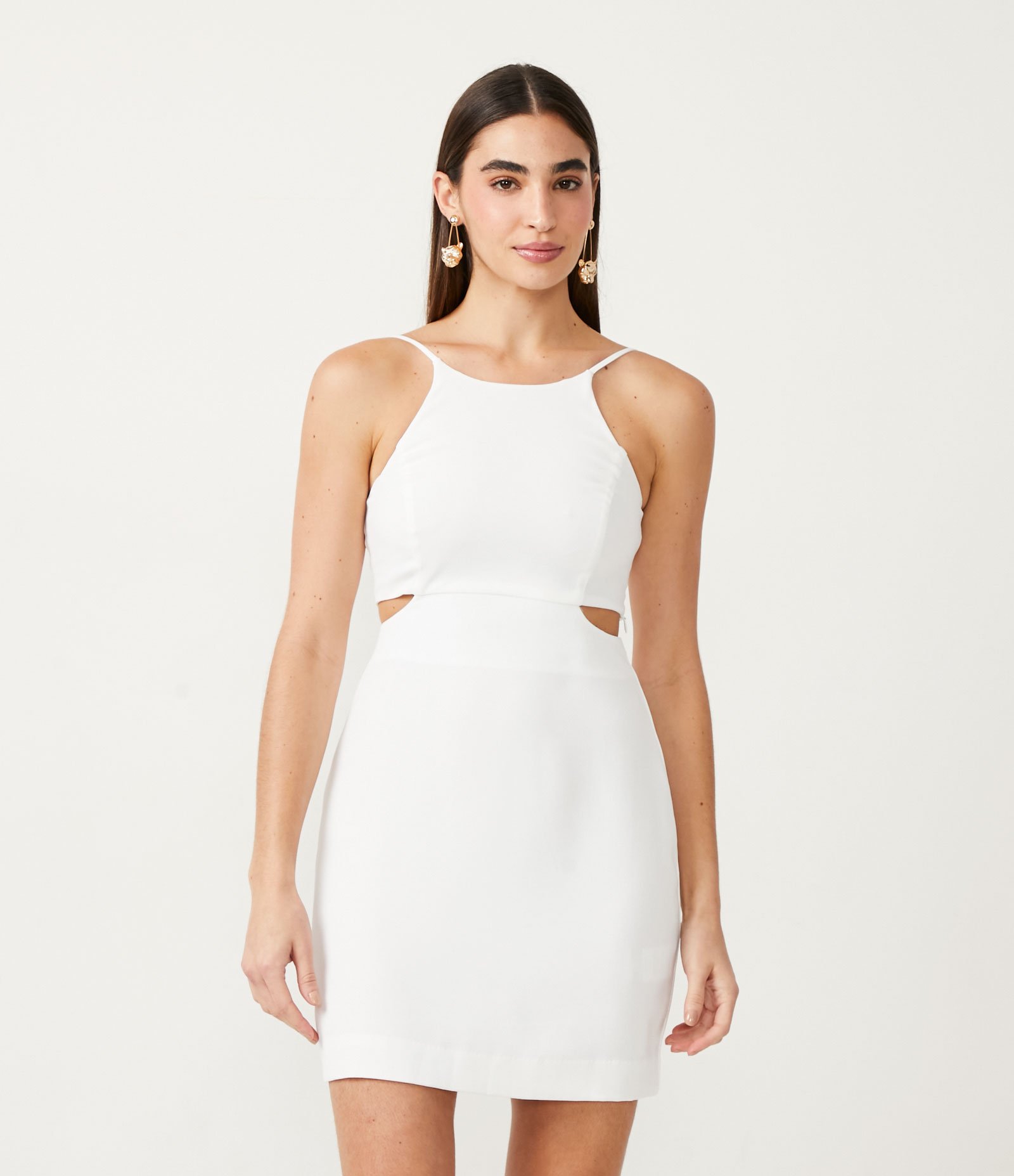 Vestido Curto em Crepe com Recorte Lateral Vazado Branco