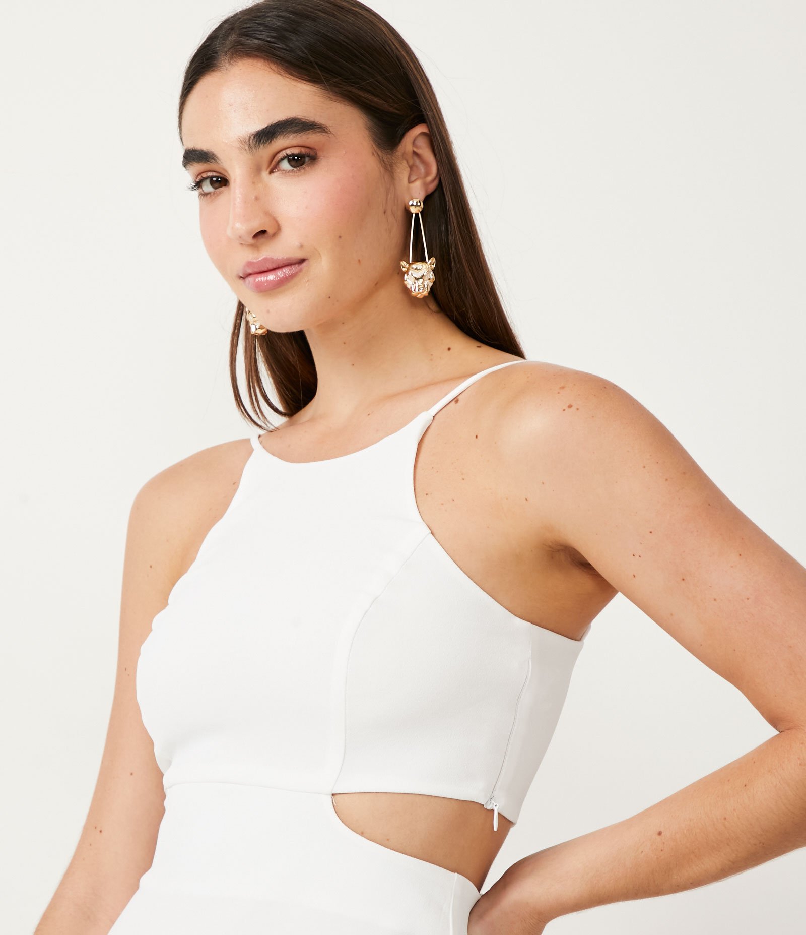 Vestido Curto em Crepe com Recorte Lateral Vazado Branco