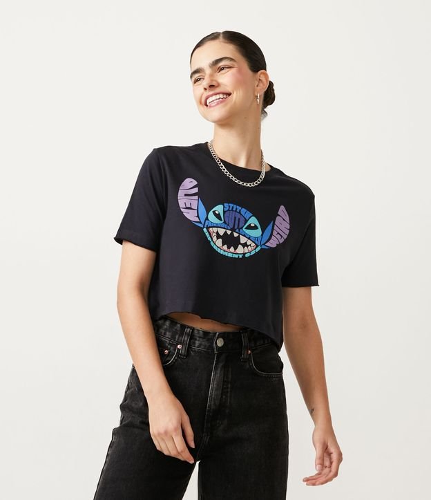 Blusa Cropped Em Meia Malha Com E Estampa Stitch Preto