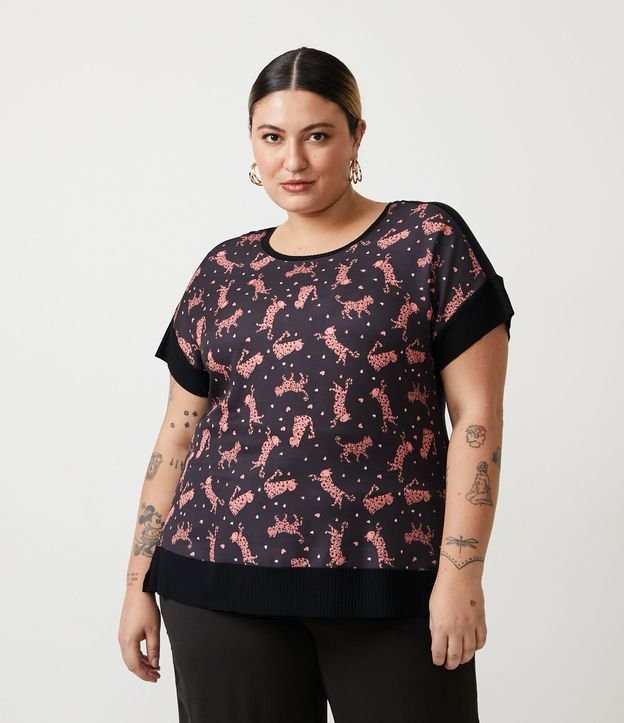 Blusa Manga Curta Com Estampa De Oncinhas Curve And Plus Size Preto