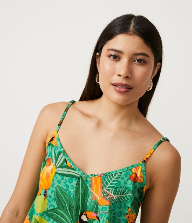 Blusa De Alça Em Linho Com Estampa Tropical De Folhagens E Tucanos Verde