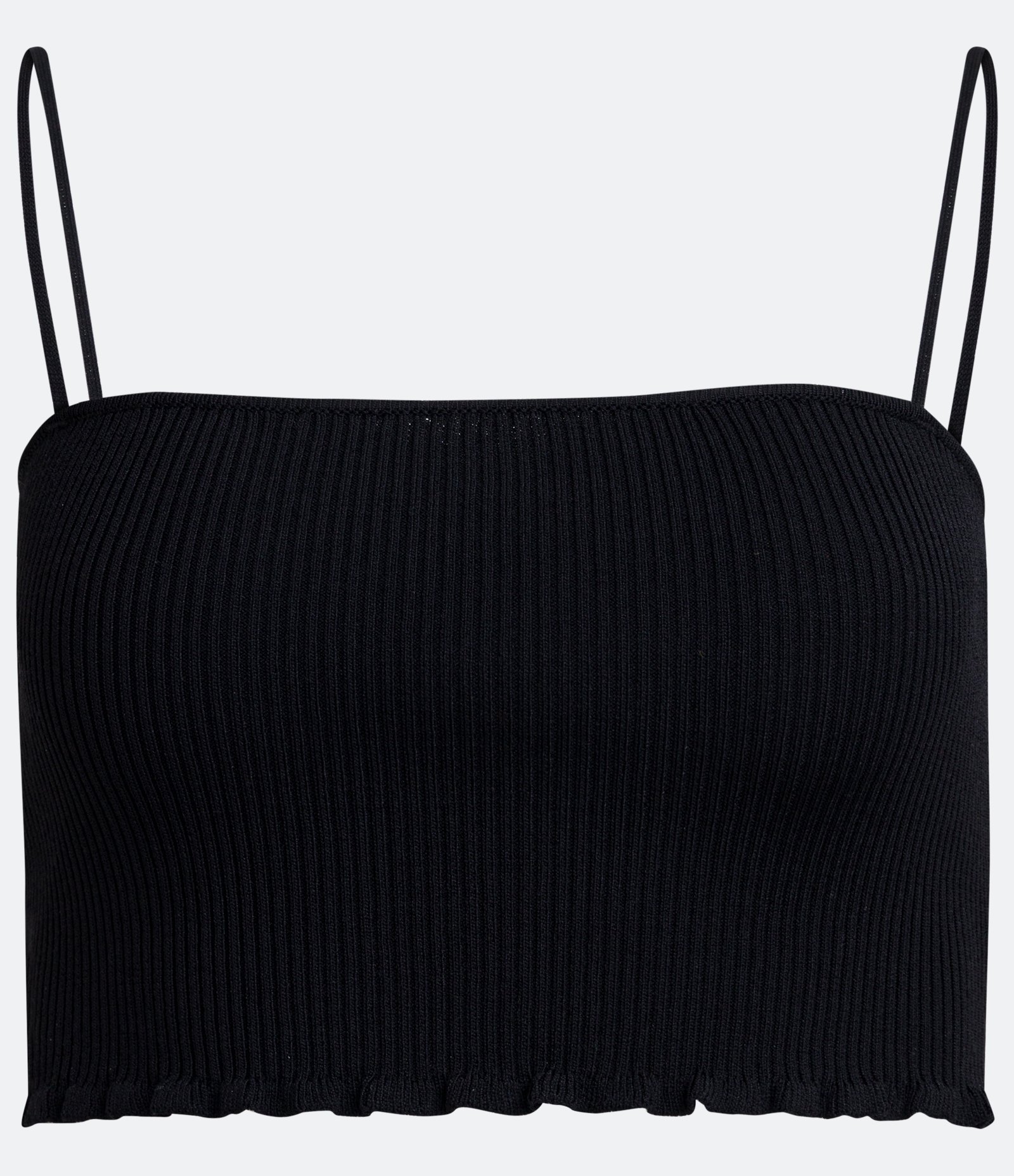 Blusa de Alça em Tricô Canelado com Frufru na Barra Preto