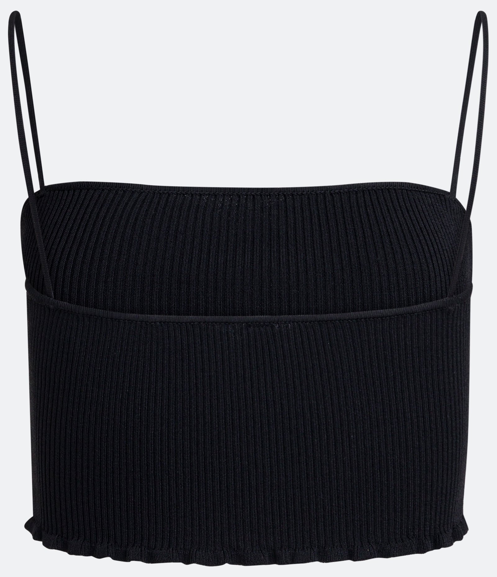 Blusa de Alça em Tricô Canelado com Frufru na Barra Preto
