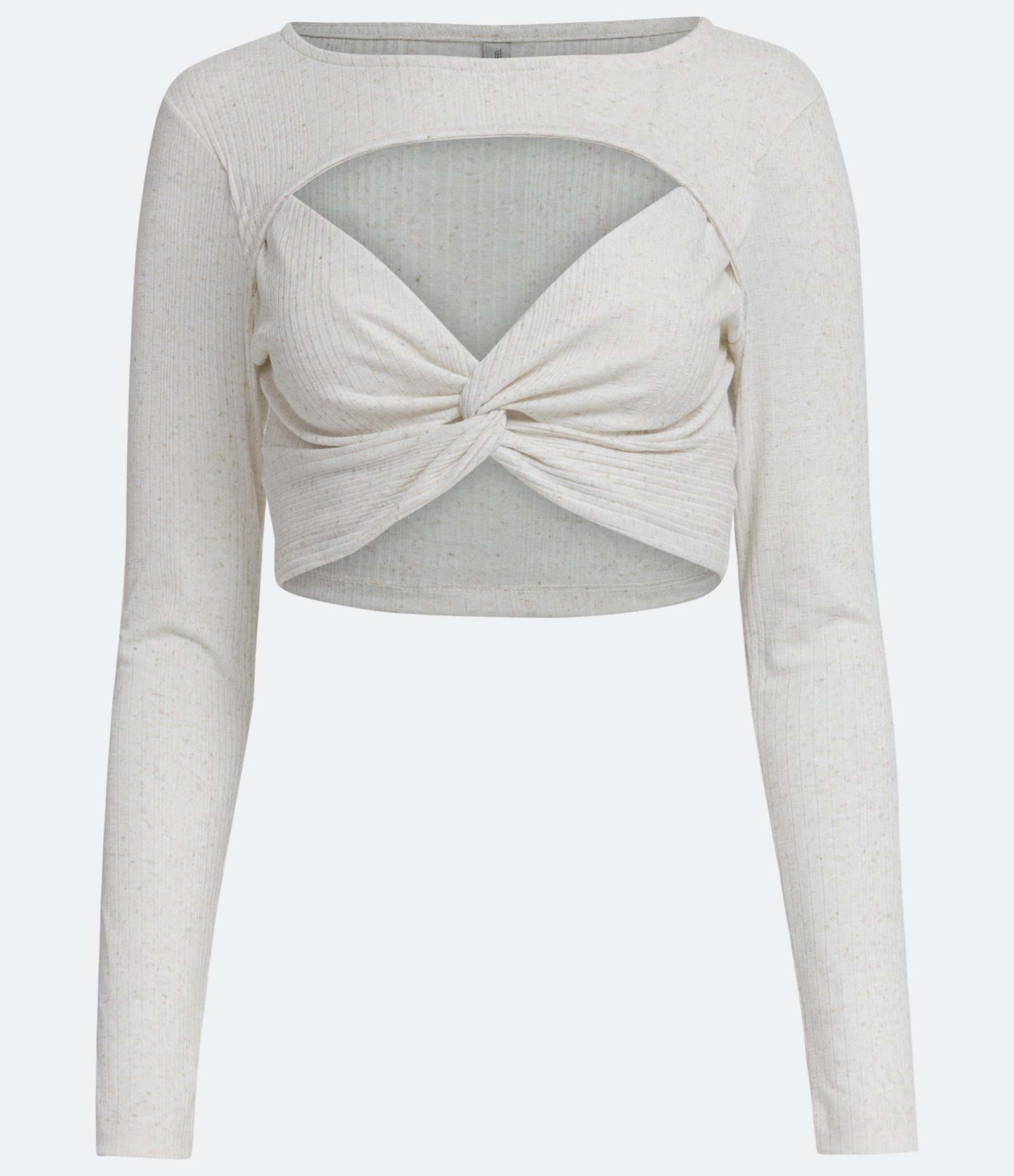 Blusa Cropped em Ribana Canelada com Manga Longa e Busto Torcido Off White
