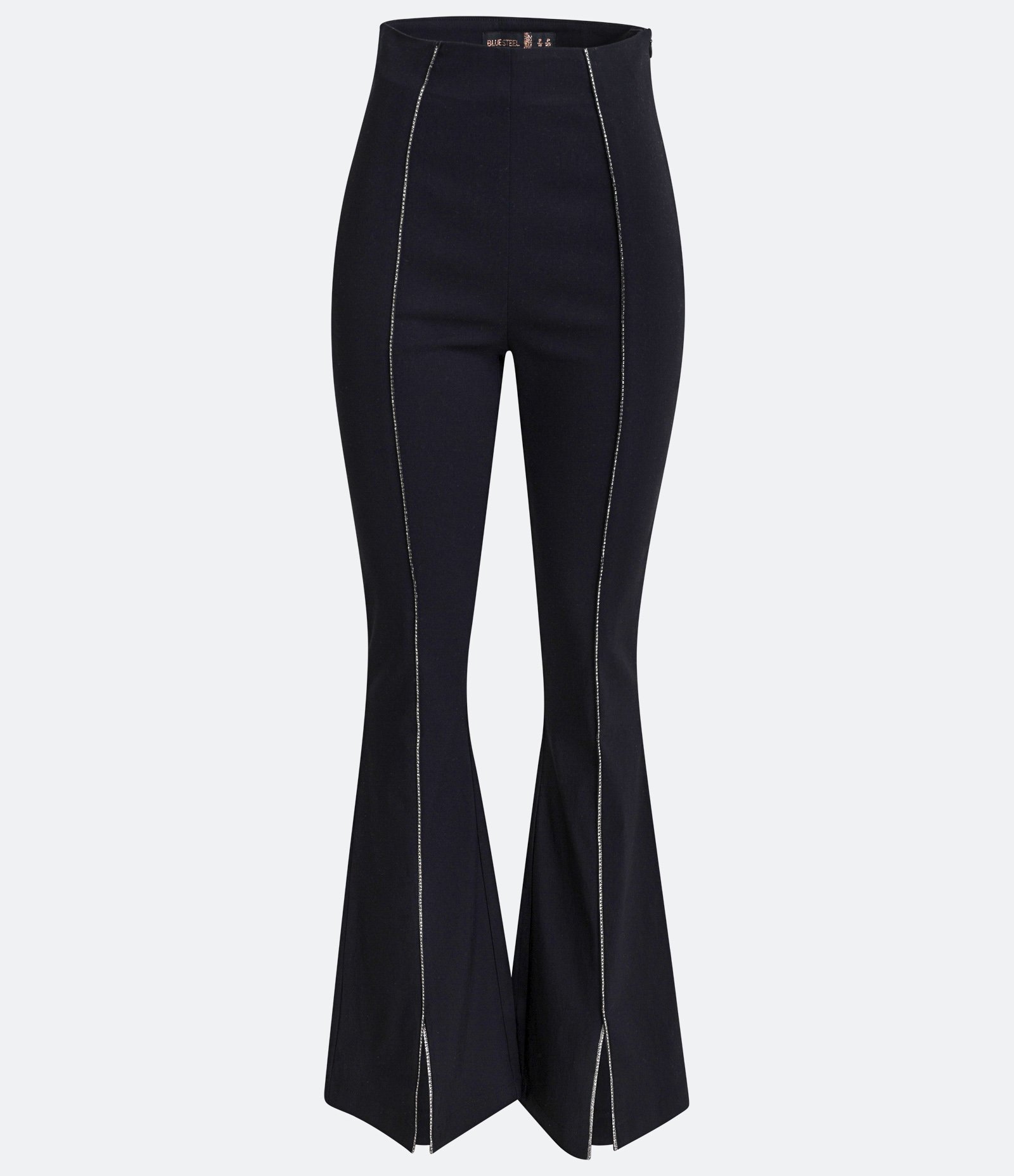 Calça Flare em Bengaline com Fendinha e Strass Preto