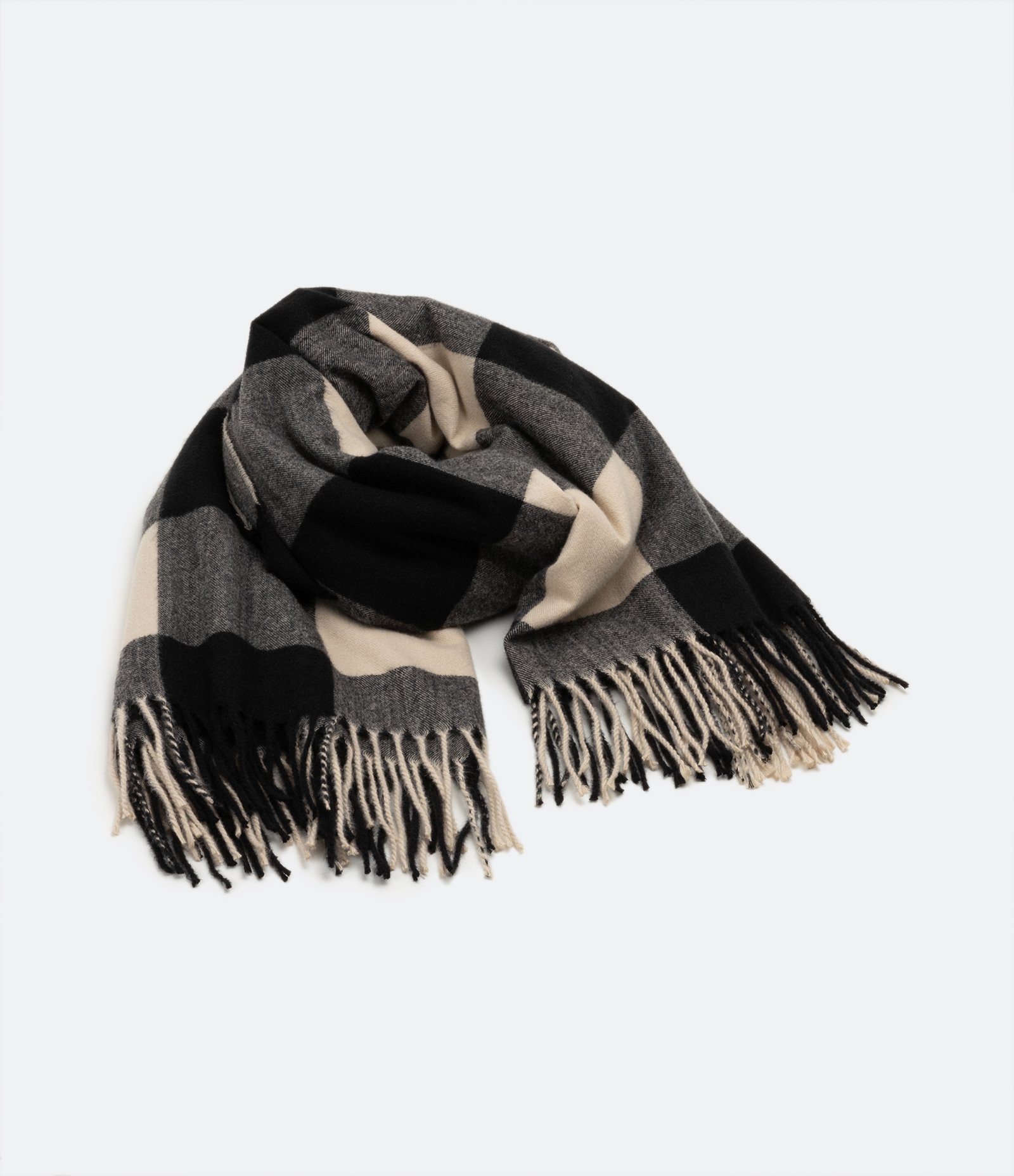 Cachecol Retangular com Franjas e Estampa Xadrez Bege/ Preto/ Cinza