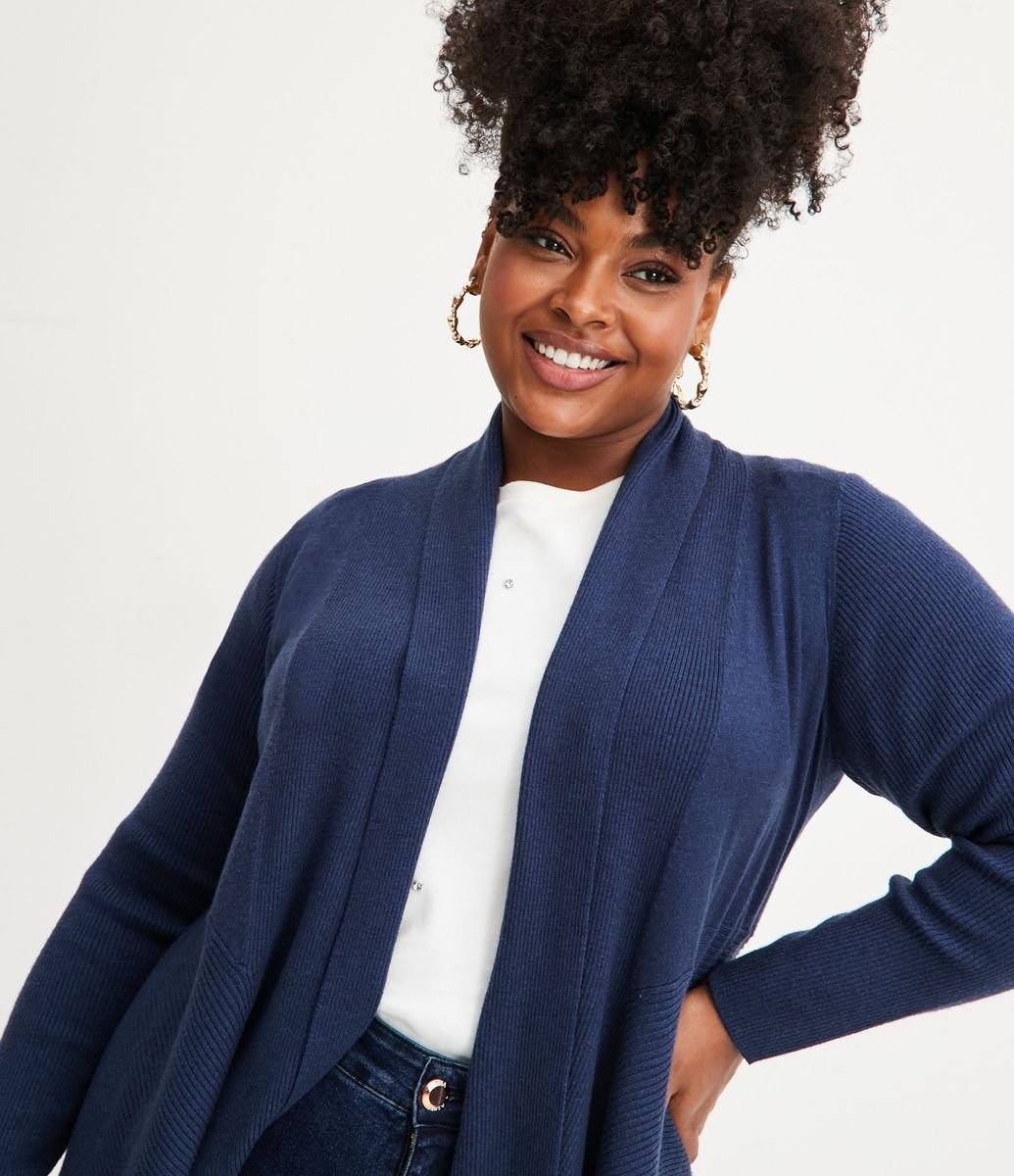 Cardigan Alongado em Tricô com Pontas Curve & Plus Size Azul - Renner