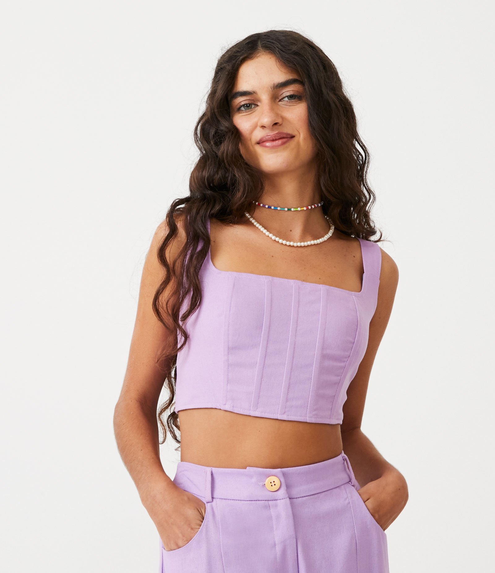 Blusa Cropped sem Manga em Viscose Corset com Linho e Lastex Lilás