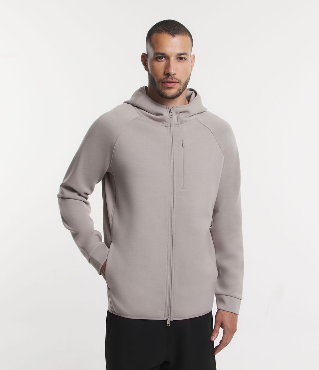 Blusão Aberto Esportivo em Fleece com Capuz e Bolso com Zíper Cinza Médio