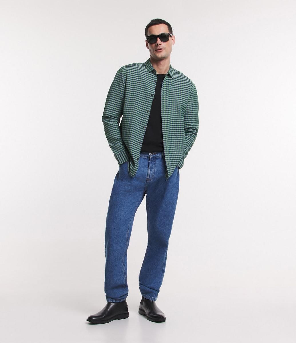 Camisa Regular em Linho com Estampa Xadrez Verde/ Roxo - Renner