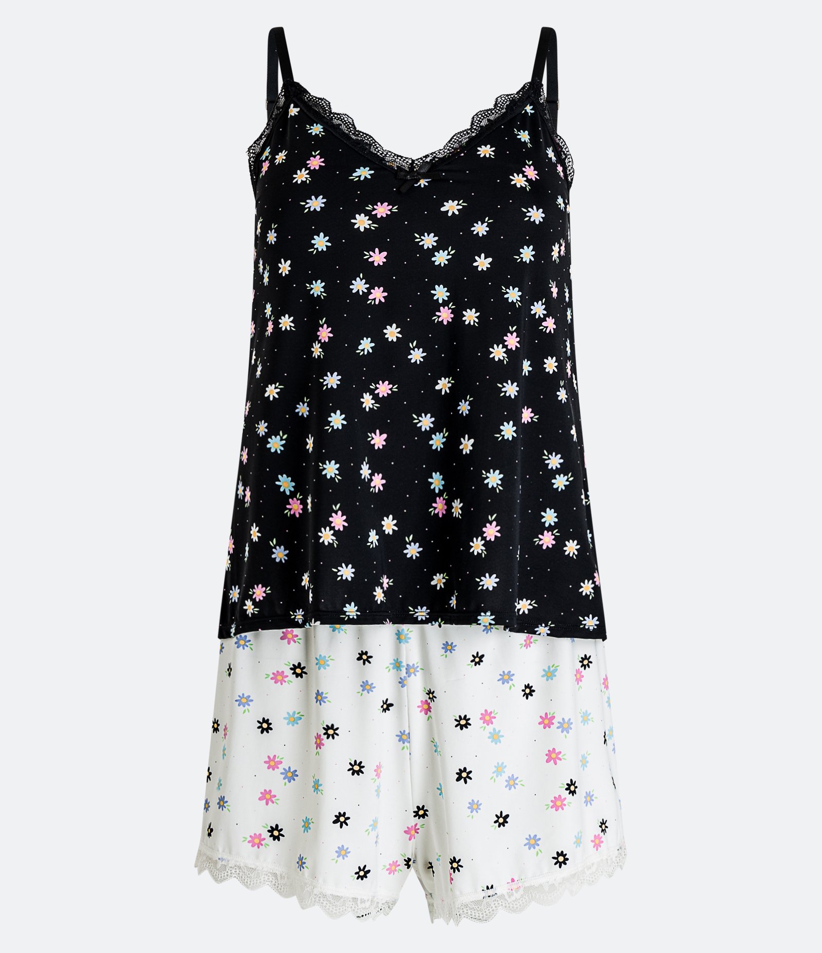 Pijama Short Doll Alcinha em Poliamida com Estampa Floral Preto/ Branco