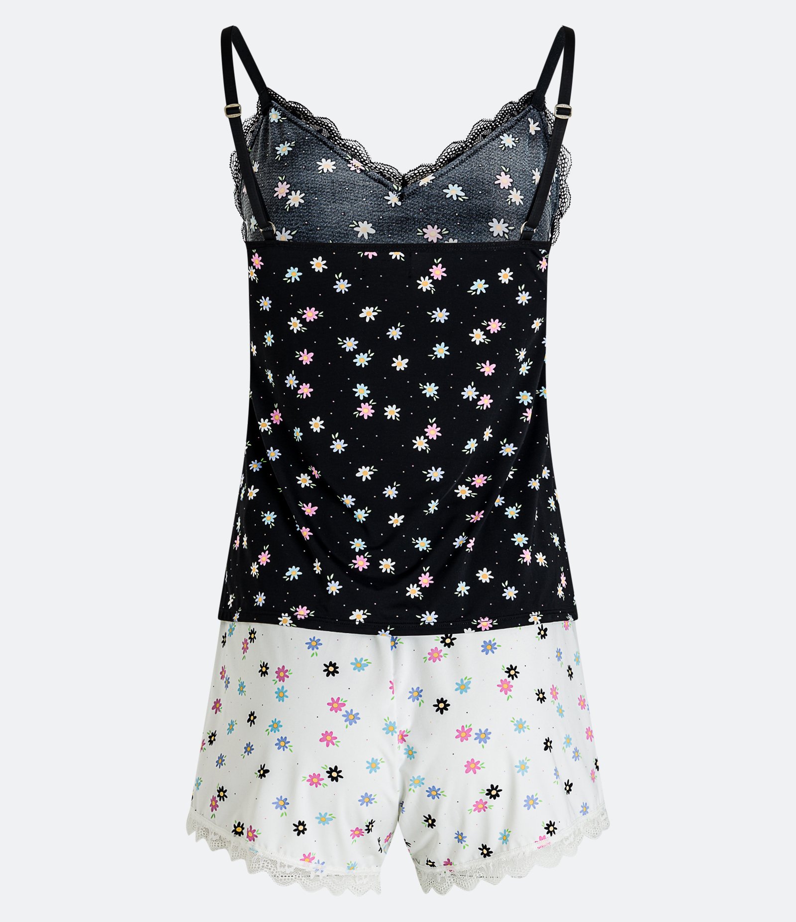 Pijama Short Doll Alcinha em Poliamida com Estampa Floral Preto/ Branco