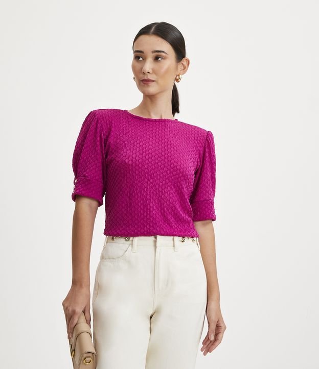 Blusa com Malha Texturizada e Manga Curta Bufante com Botõezinhos Rosa