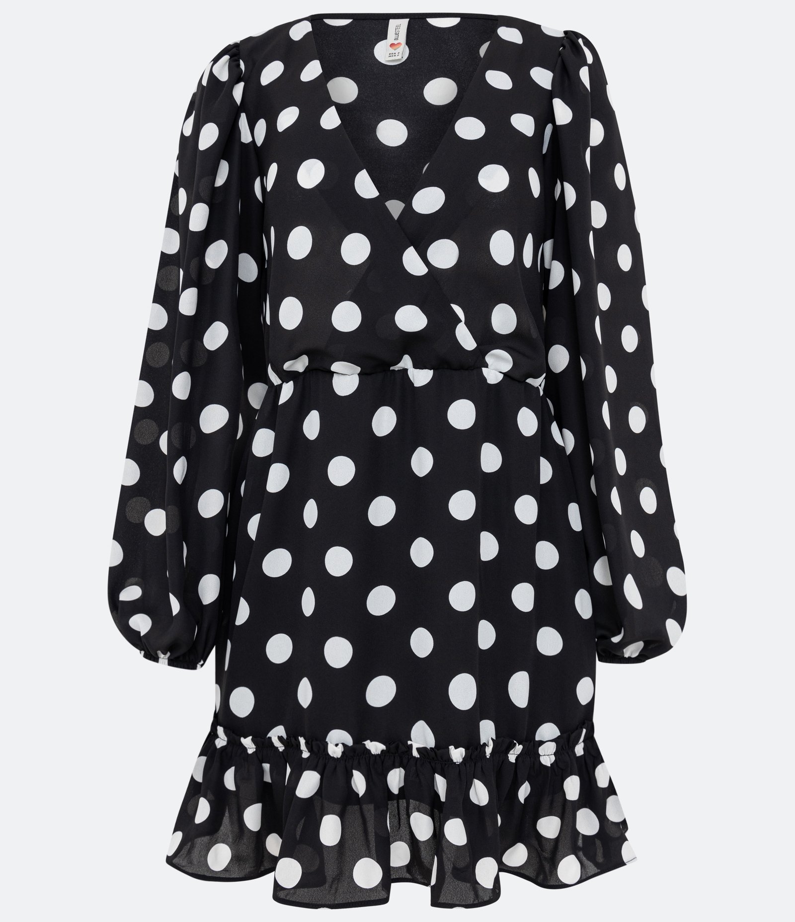 Vestido Curto em Crepe com Estampa Poá e Babados Preto