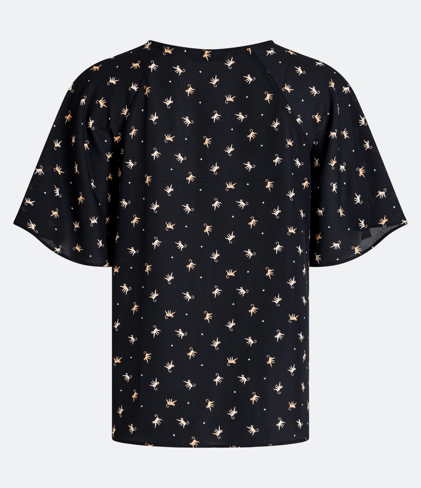 Blusa Manga Evasê em Crepe com Macaquinhos Estampados Preto