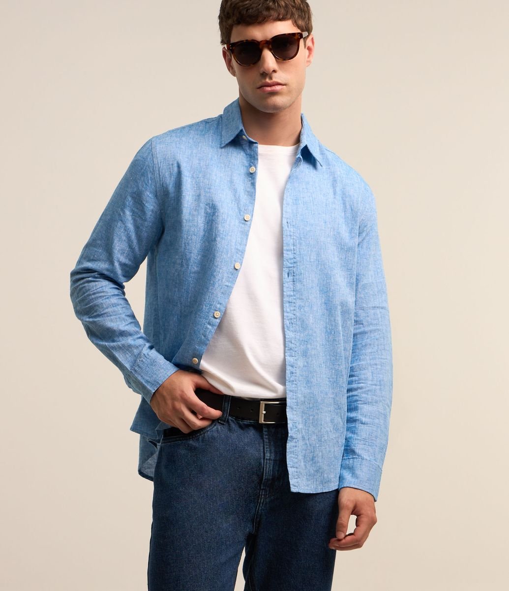 Camisa Comfort Básica em Linho com Gola Colarinho Azul Médio