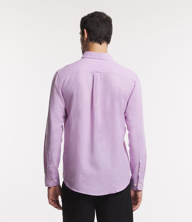 Camisa Comfort Básica em Linho com Gola Colarinho Roxo Violeta
