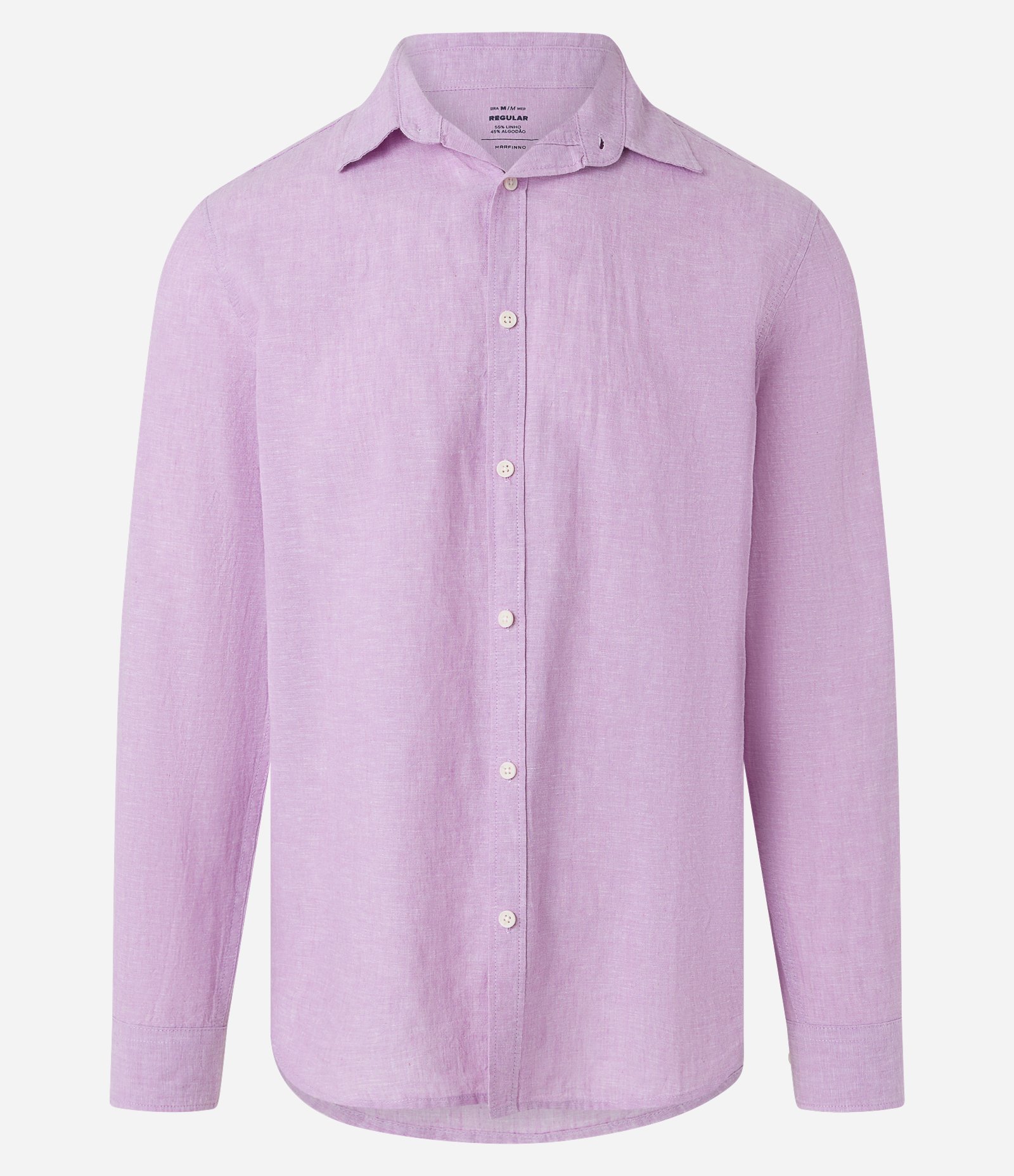 Camisa Regular Básica em Linho com Gola Colarinho Roxo Violeta