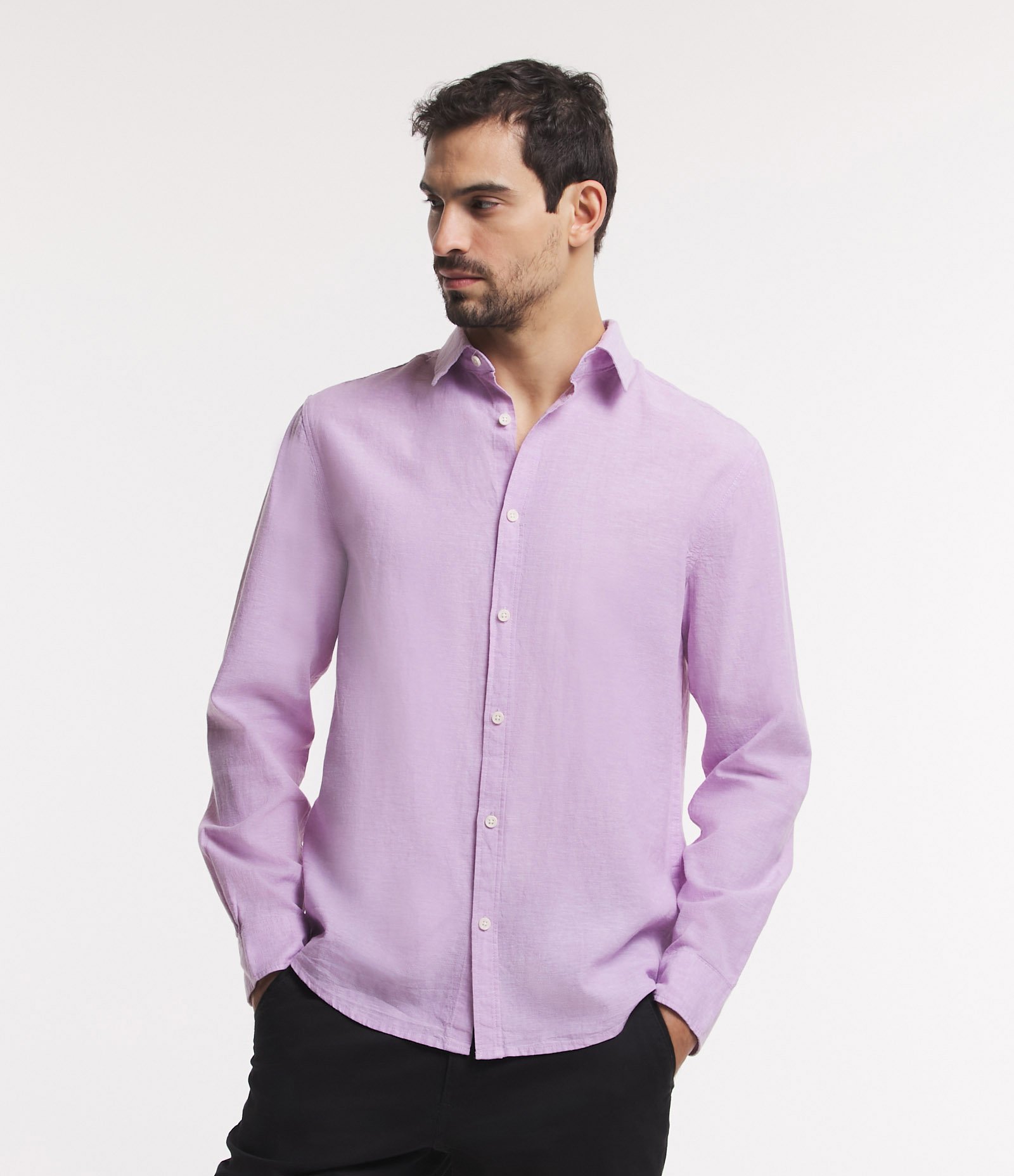 Camisa Regular Básica em Linho com Gola Colarinho Roxo Violeta