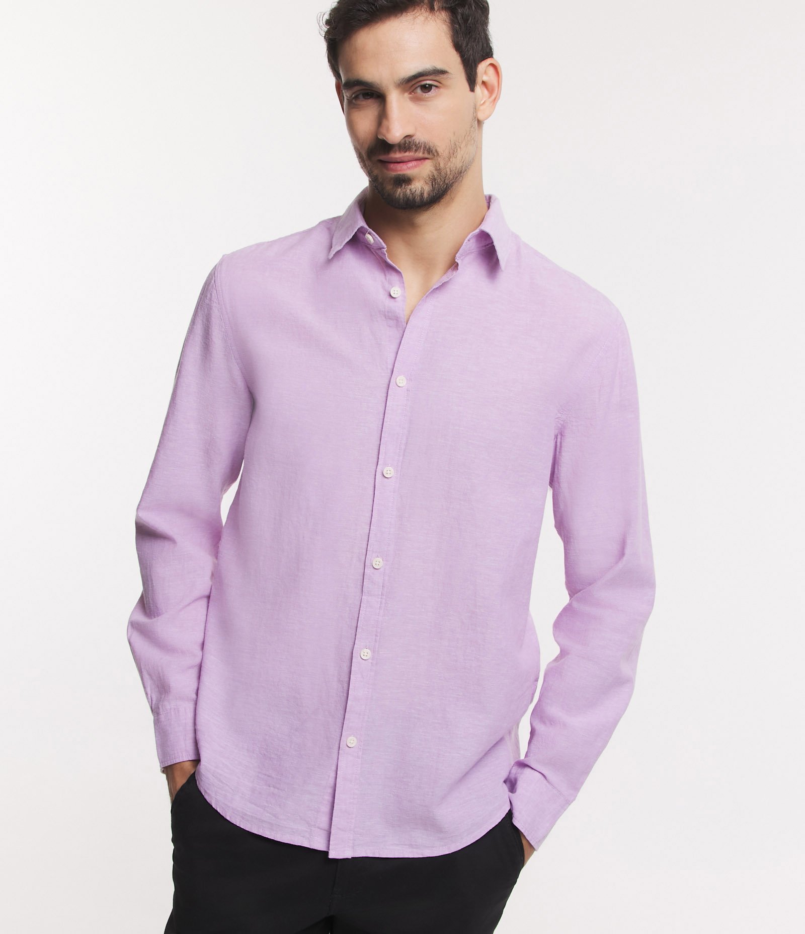 Camisa Regular Básica em Linho com Gola Colarinho Roxo Violeta