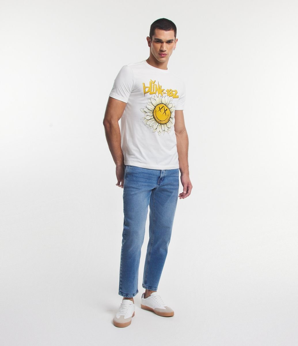 Calça Slim Cropped em Jeans com Efeito Estonado Azul Médio