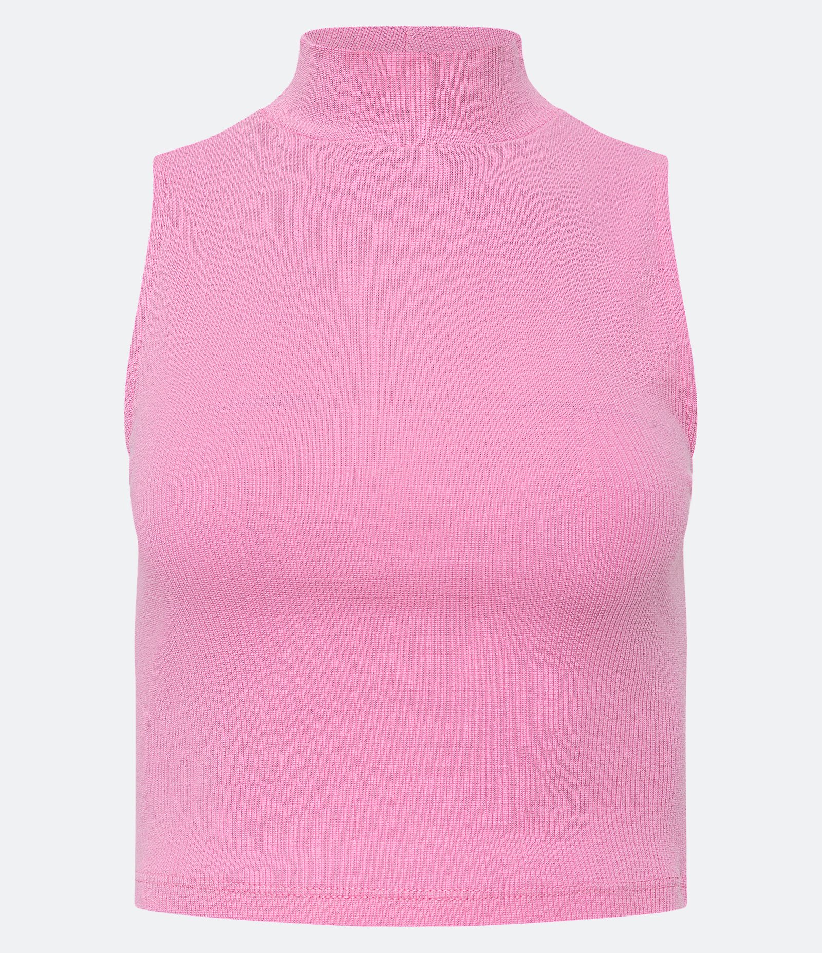 Blusa Cropped Básica sem Manga em Algodão com Gola Alta Rosa Pastel