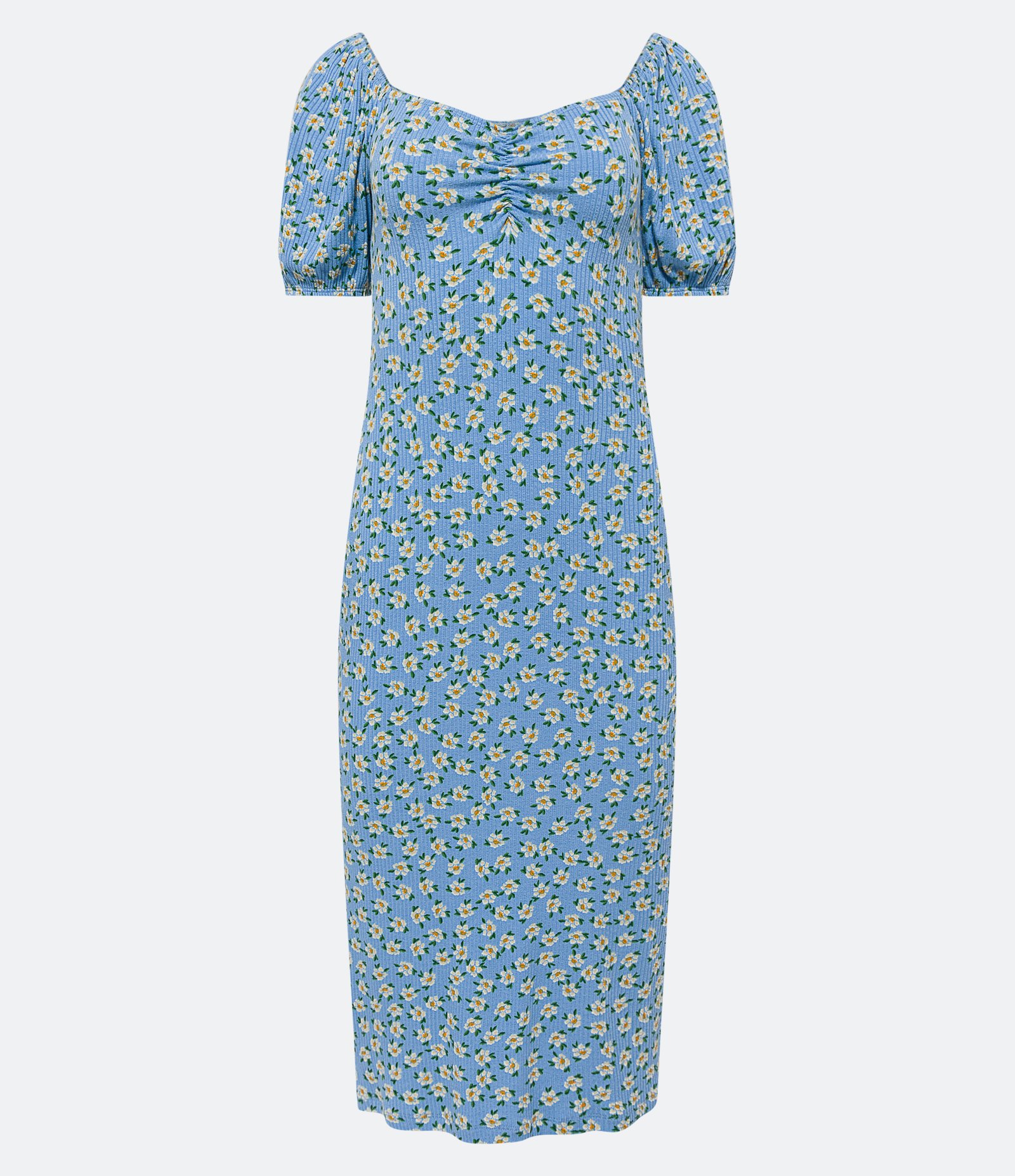 Vestido Midi em Ribana Floral com Decote Franzido Azul