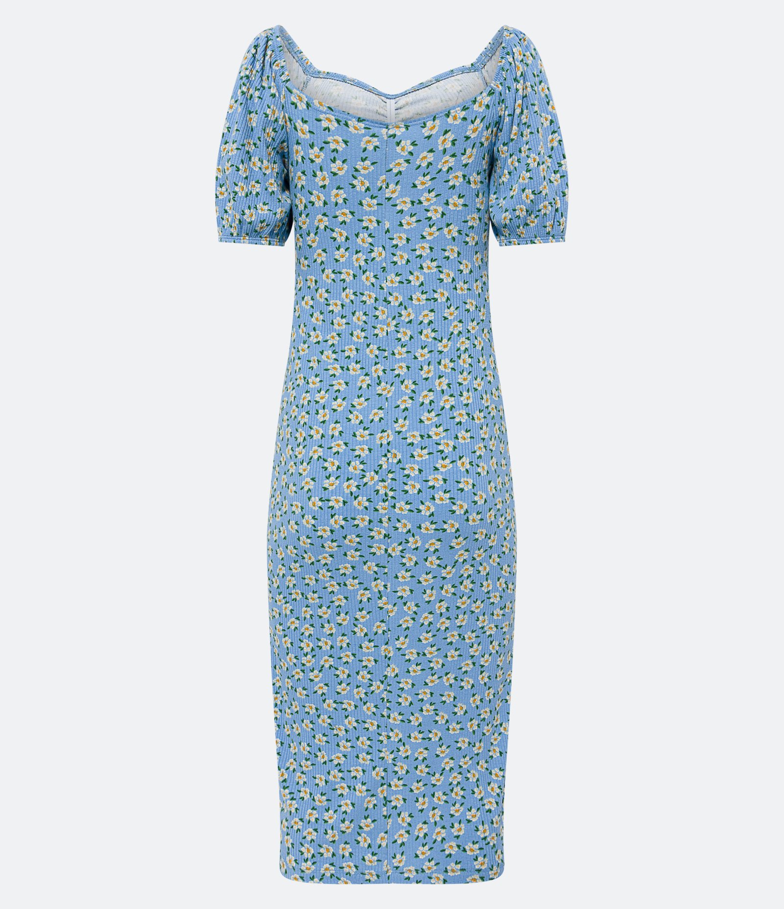 Vestido Midi em Ribana Floral com Decote Franzido Azul