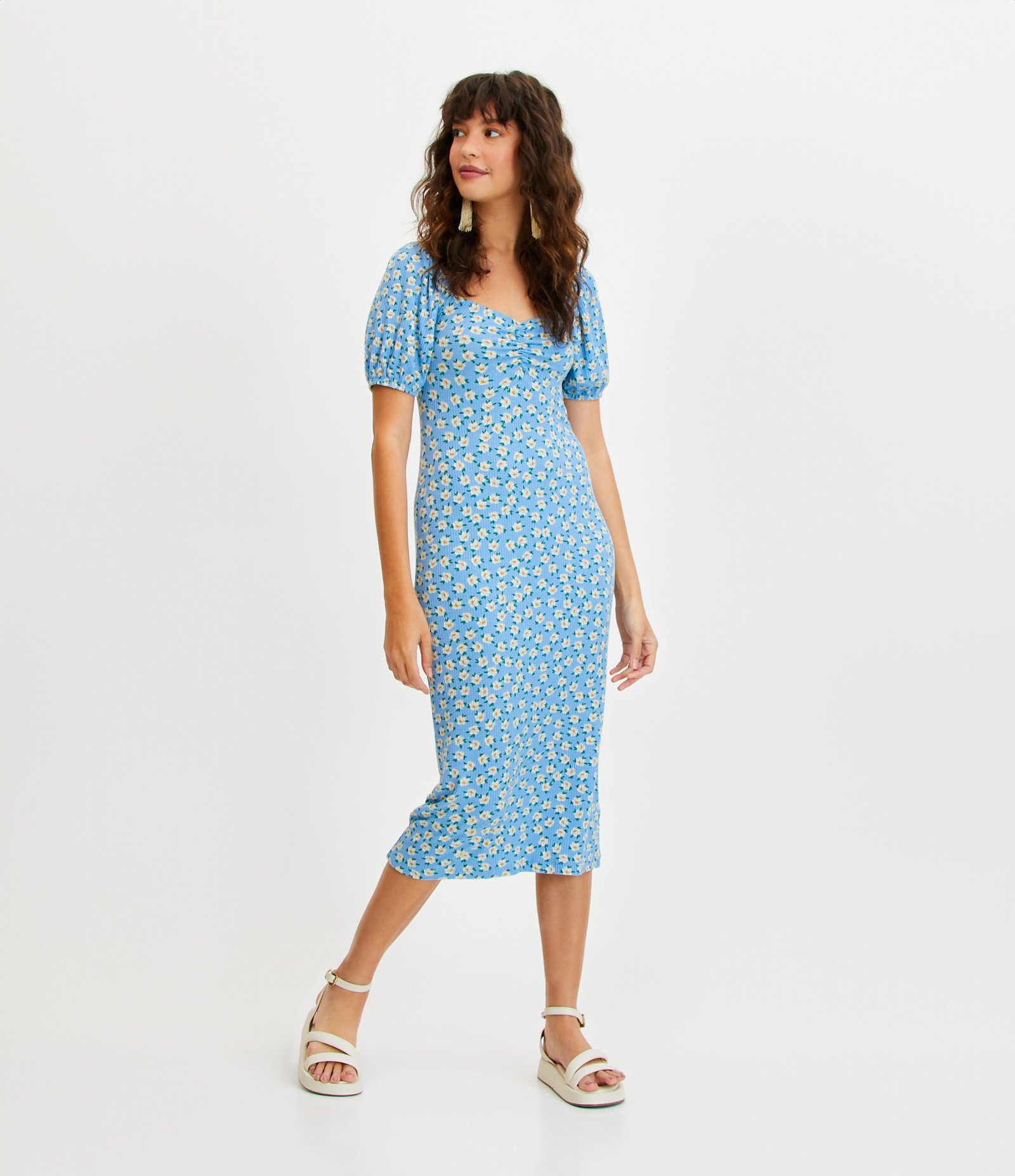 Vestido Midi em Ribana Floral com Decote Franzido Azul