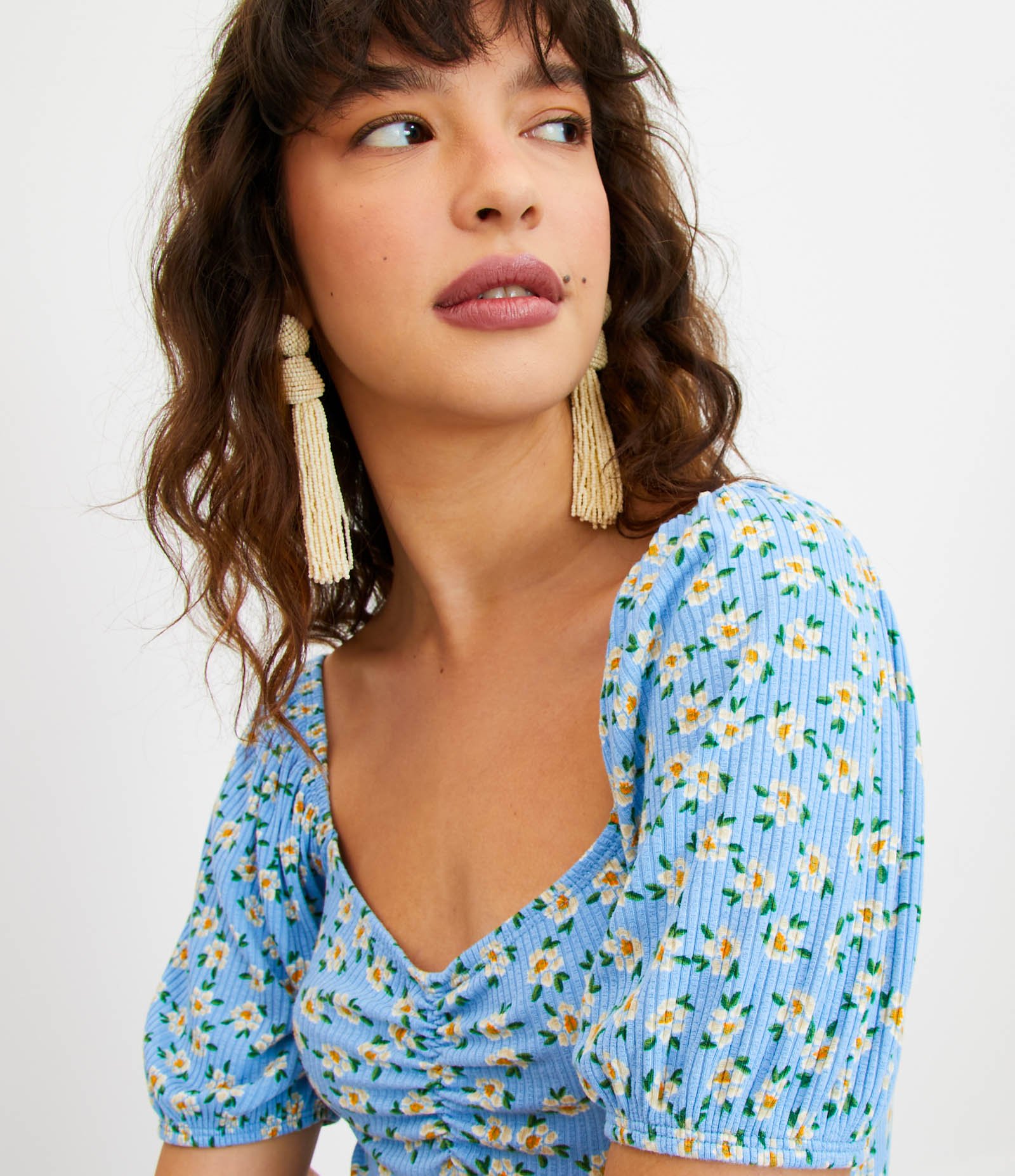 Vestido Midi em Ribana Floral com Decote Franzido Azul