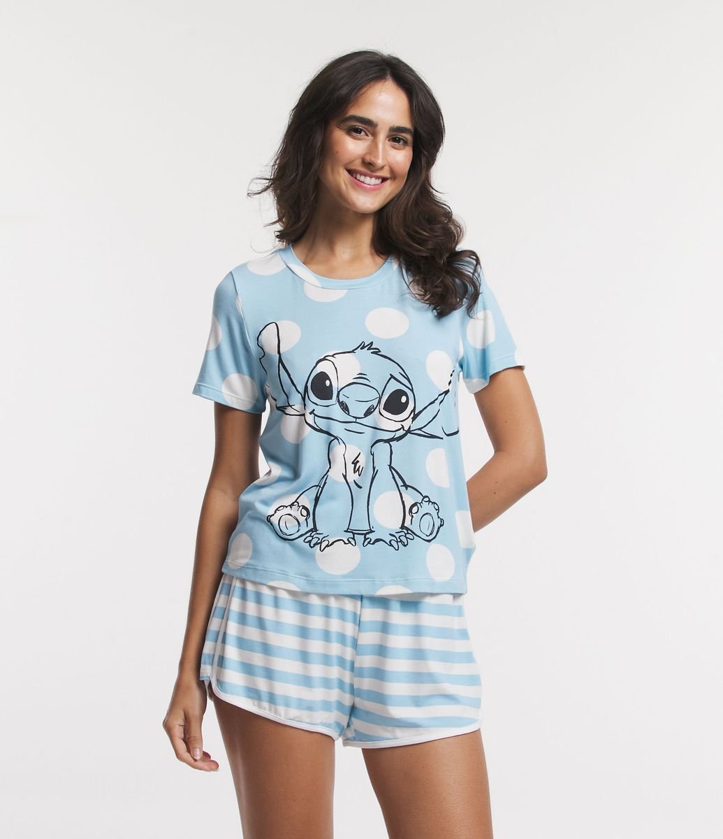 Pijama Curto em Viscolycra com Estampa Stitch Azul/ Branco - Renner