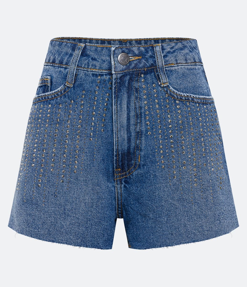 Short Cintura Alta em Jeans com Cascata de Brilho Azul - Renner
