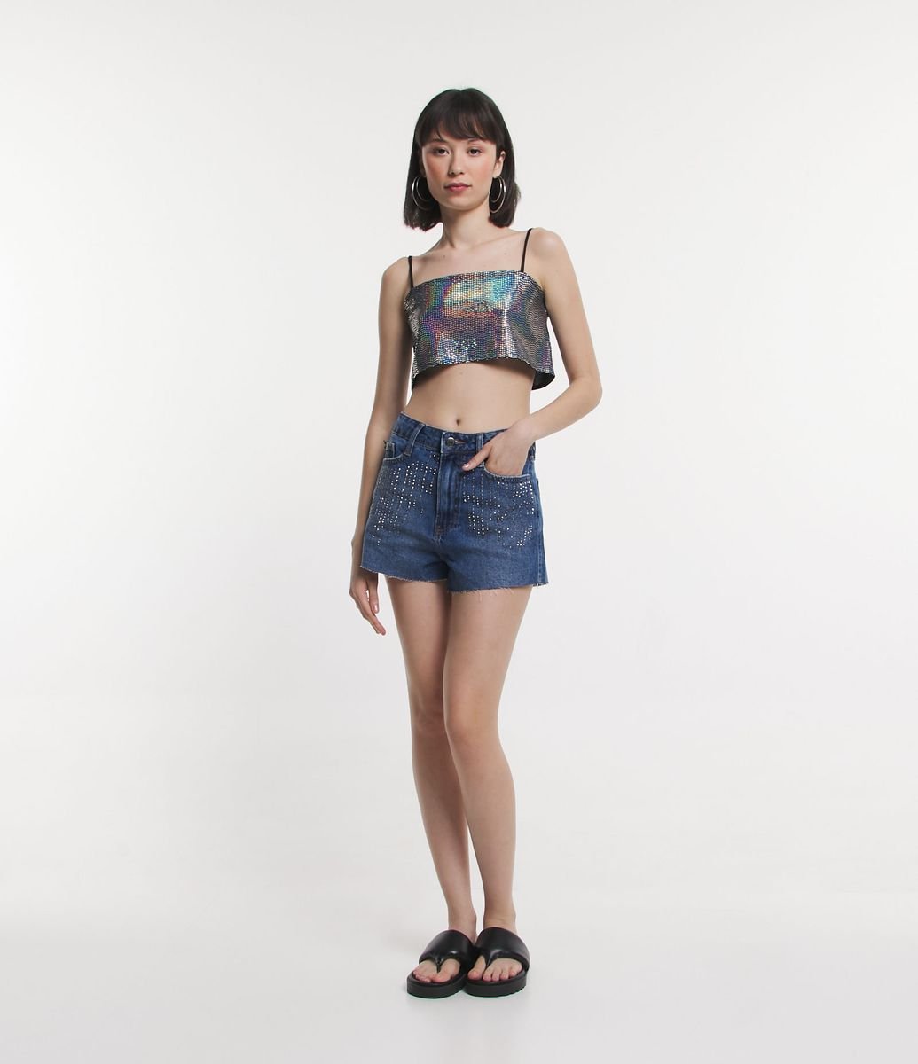 Short Cintura Alta em Jeans com Cascata de Brilho Azul - Renner