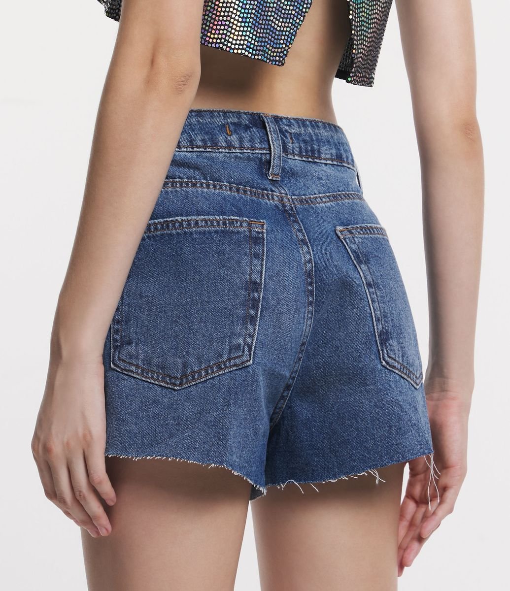 Short Cintura Alta em Jeans com Cascata de Brilho Azul - Renner