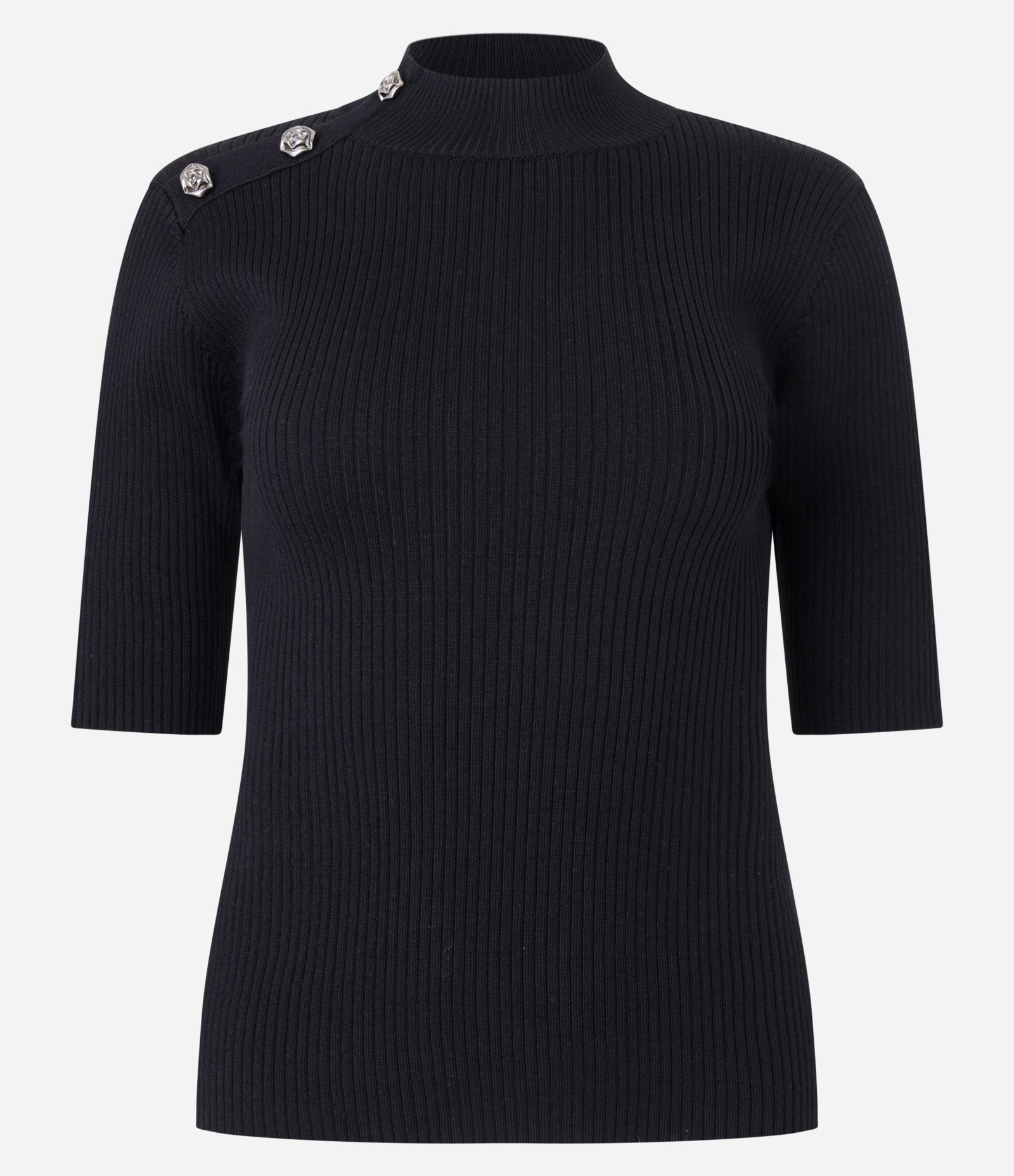 Blusa em Viscose com Botões no Ombro e Textura Canelada Preto