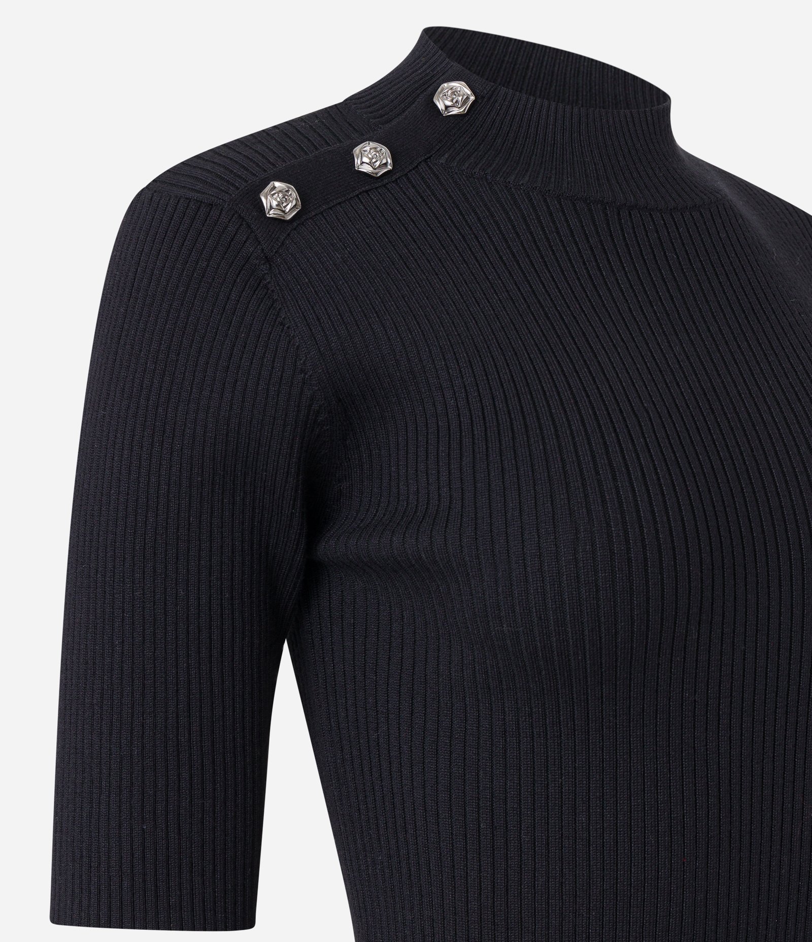 Blusa em Viscose com Botões no Ombro e Textura Canelada Preto
